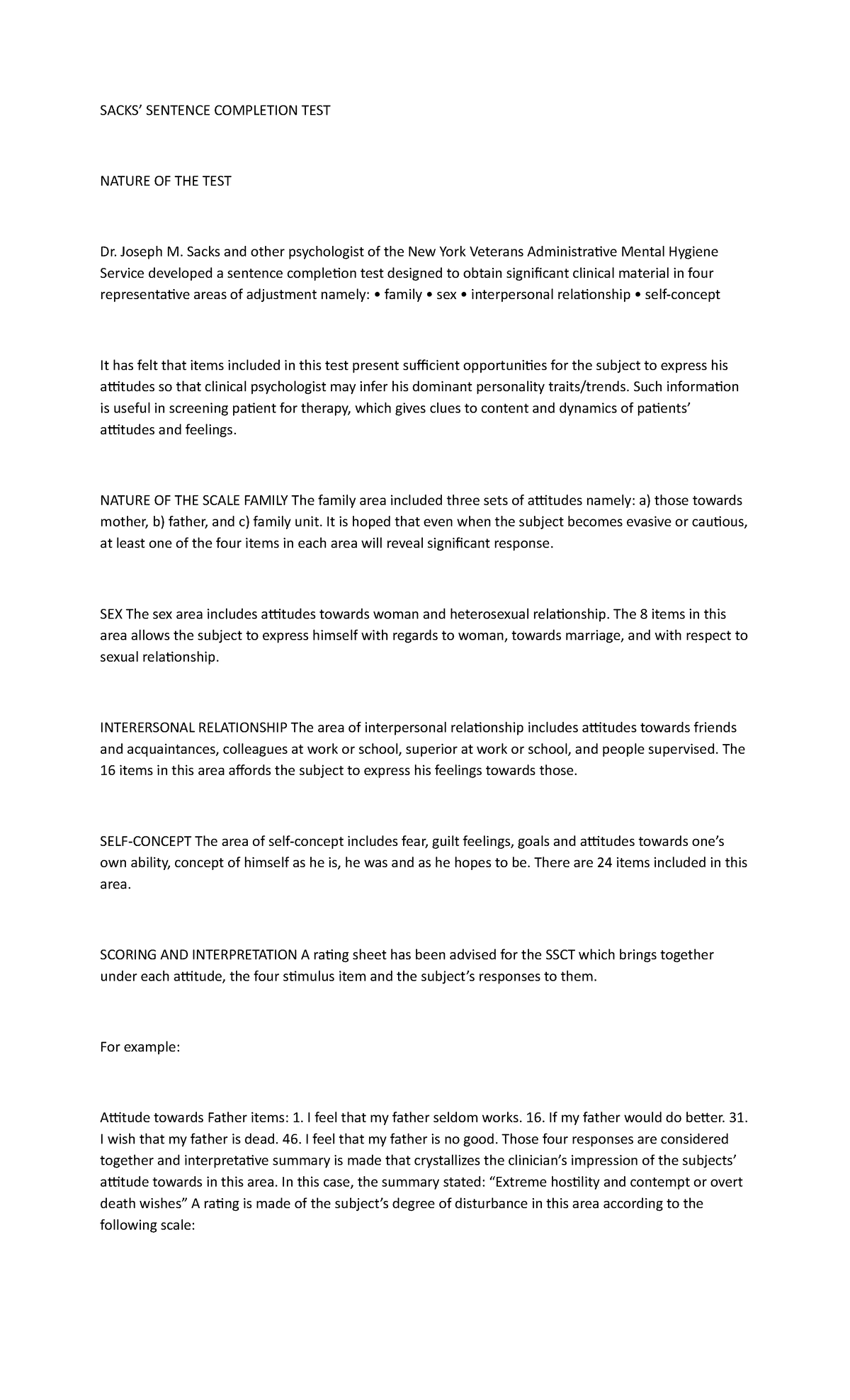 Sacks - Psychological Terms - SACKS’ SENTENCE COMPLETION TEST NATURE OF ...