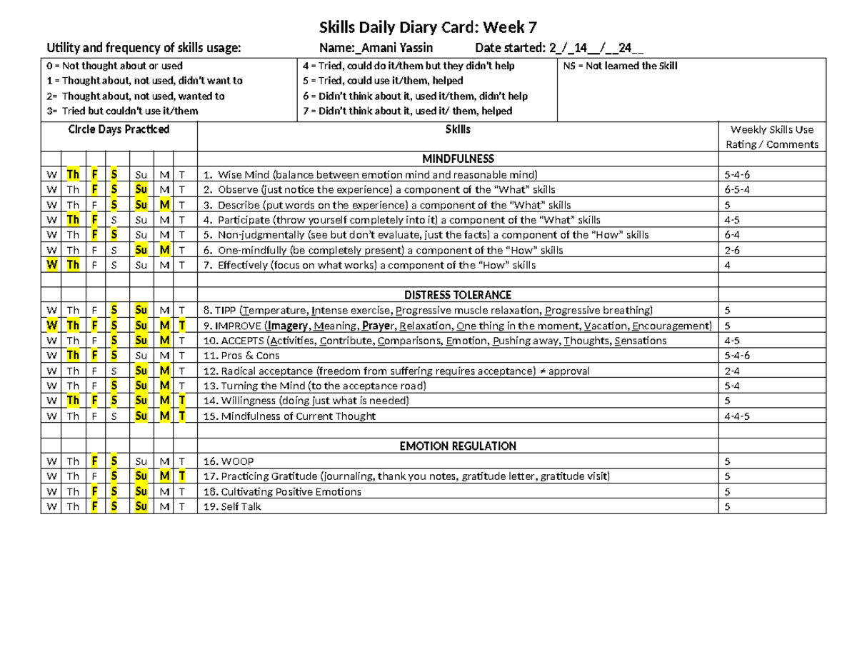 143H Week 7 Diary Card - Notes from class - Skills Daily Diary Card ...