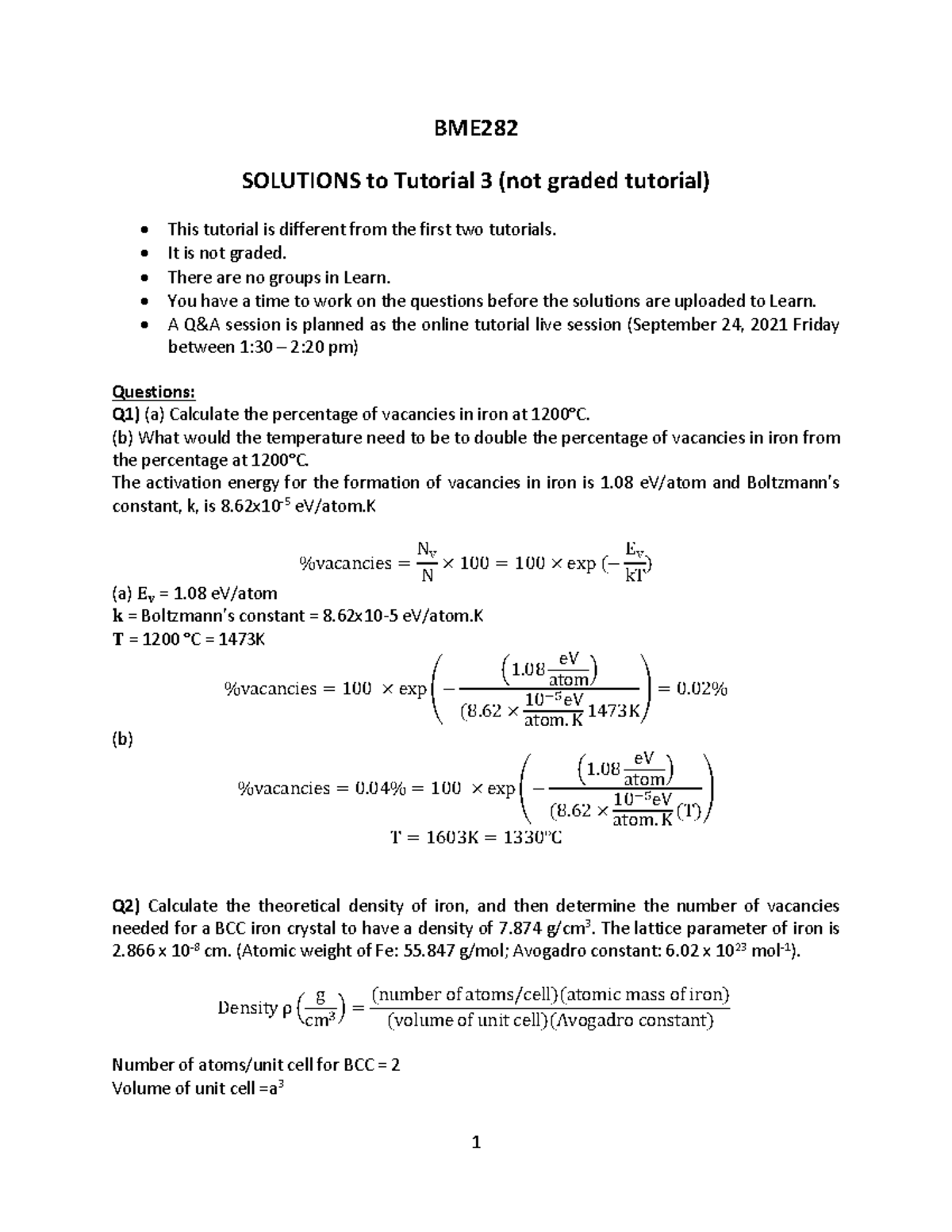 BME282 Tutorial 3 Solutions To the Assigned Problems Very Nice and Useful - BME SOLUTIONS to ...