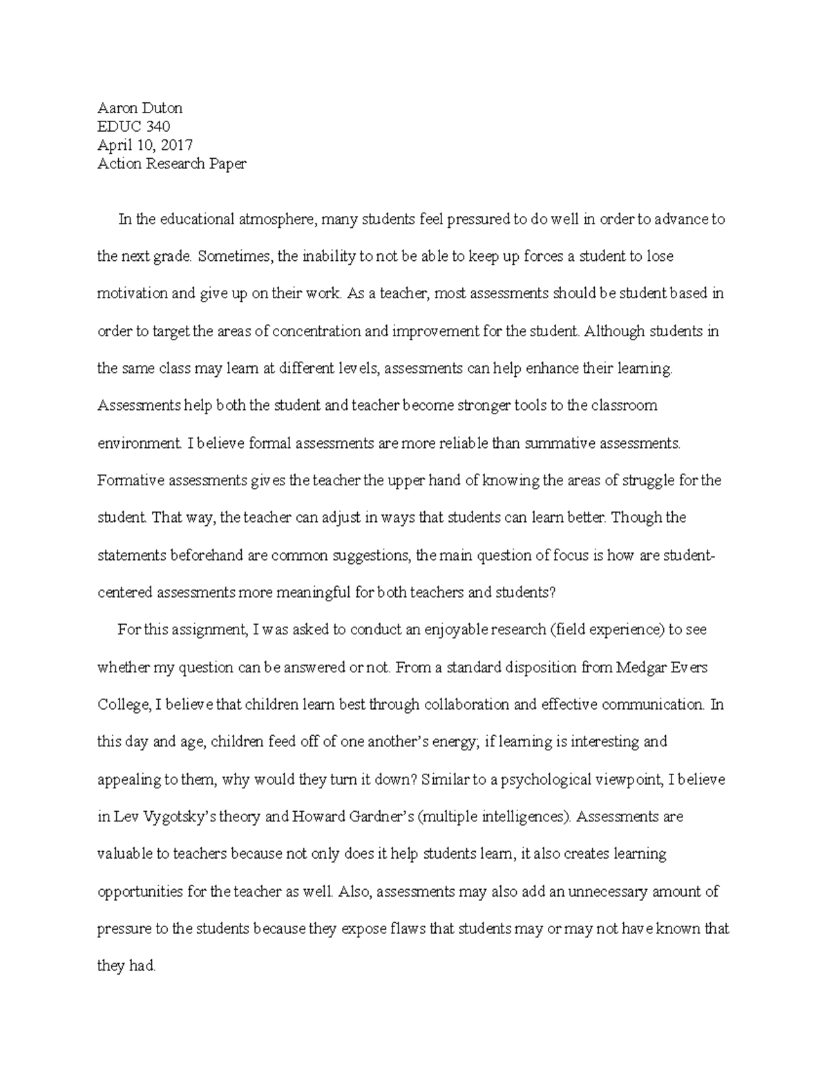 Action Research paper - Grade: A - Aaron Duton EDUC 340 April 10, 2017 ...