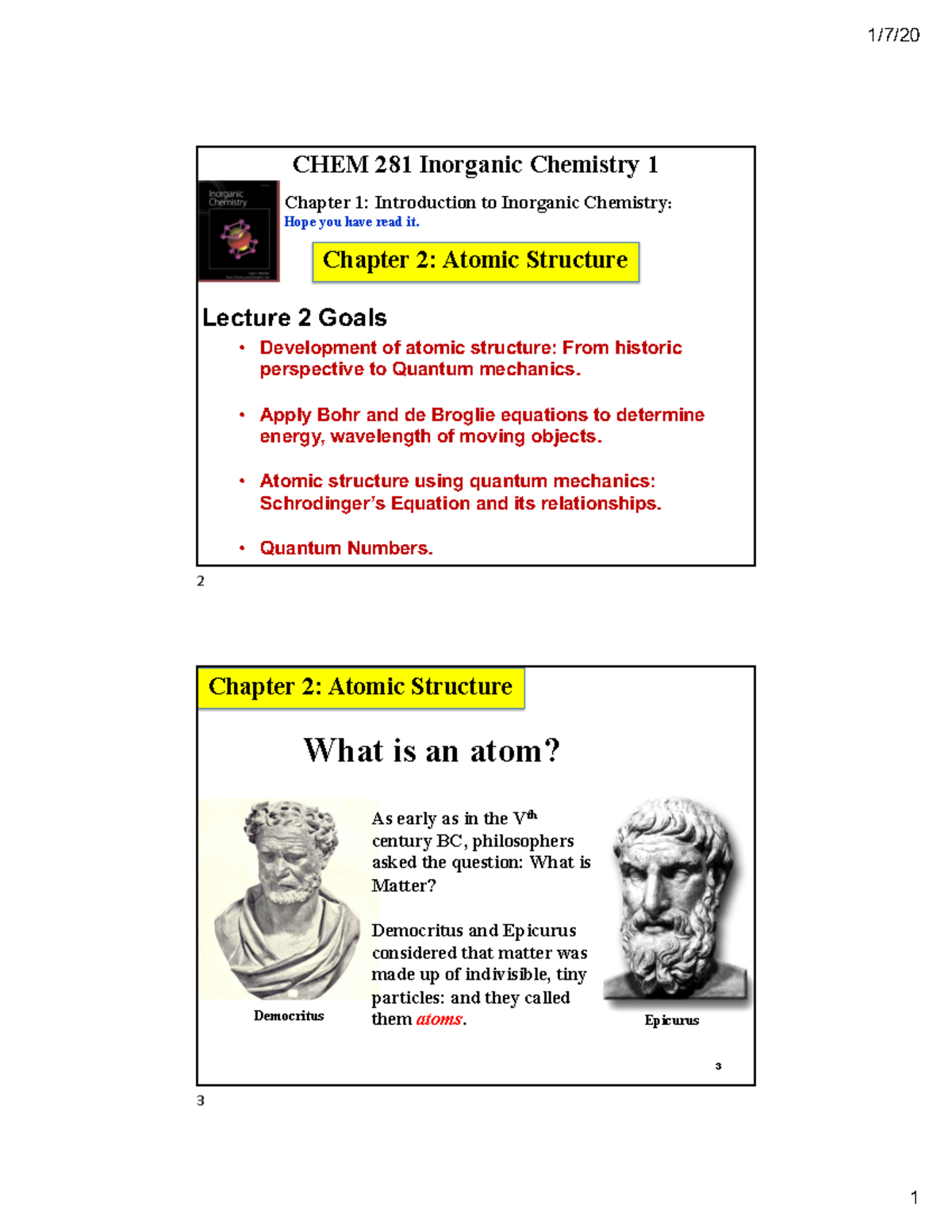 Lecture 2 Atomic Structure Jan 8 2020 - Chapter 2: Atomic Structure ...