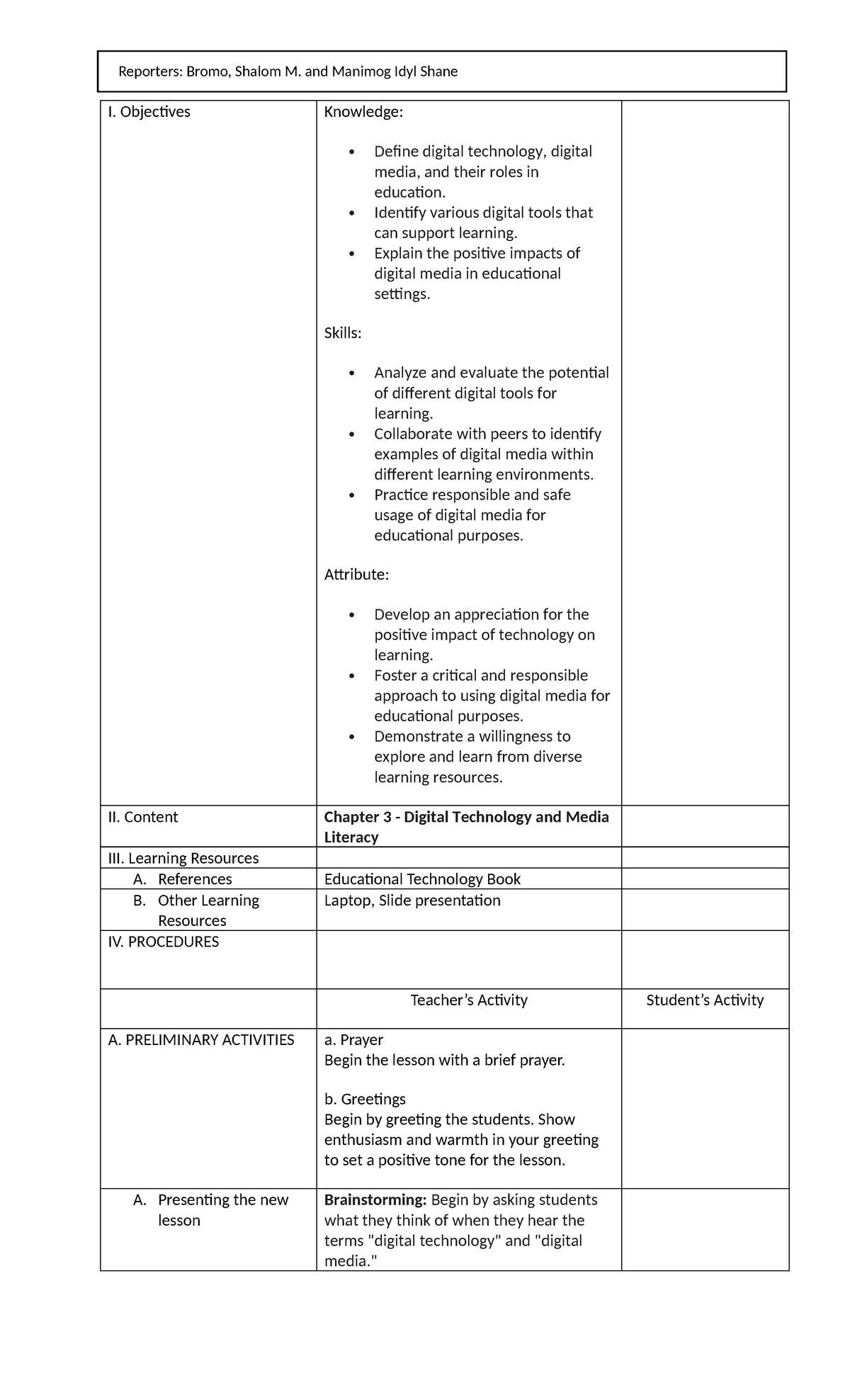 Edtech 2 Chapter 3- Lesson Plan - I. Objectives Knowledge: Define digital technology, digital ...