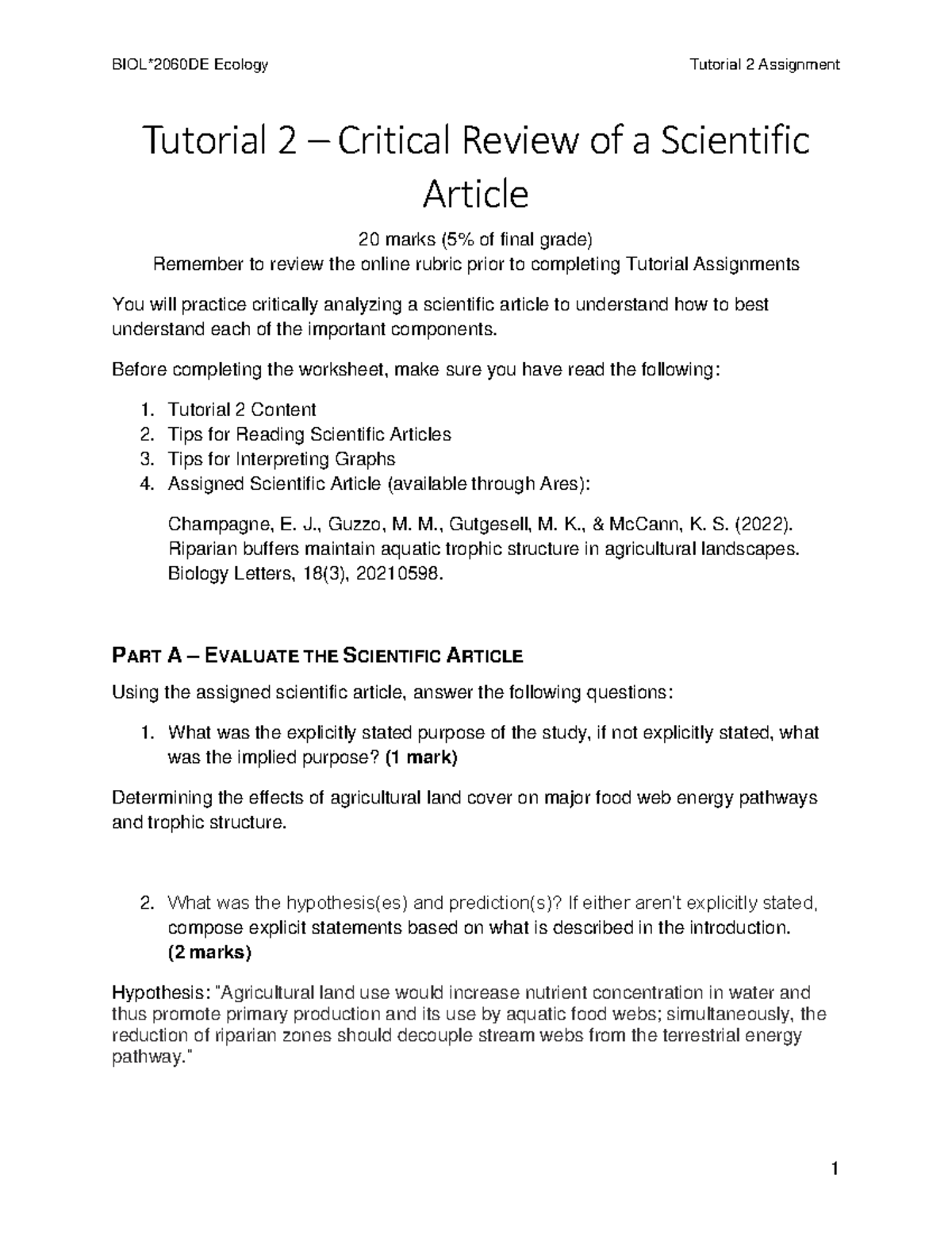 Tutorial 2 - Critical Analysis of a Scientific Article - Tutorial 2 ...