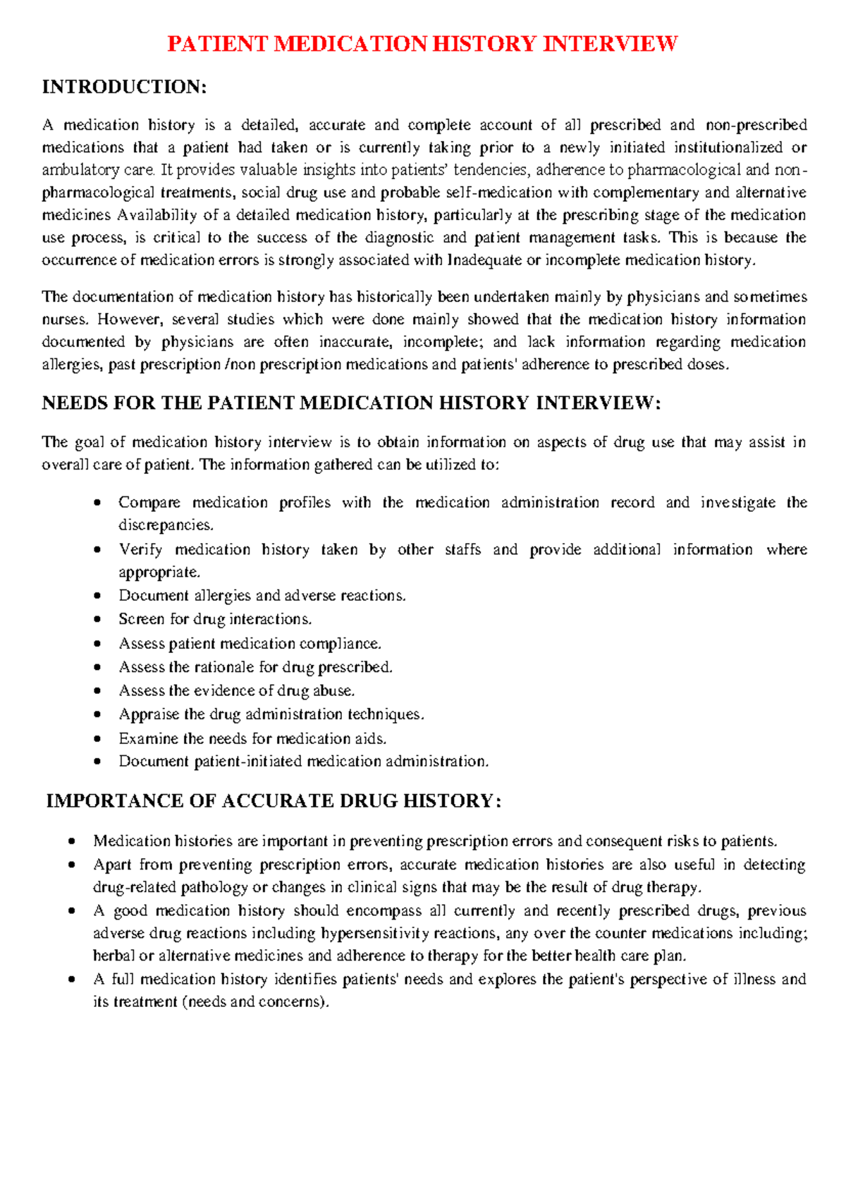 (09) Patient Medication History Interview - PATIENT MEDICATION HISTORY ...