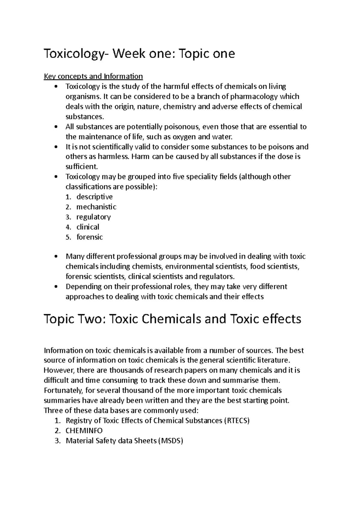 Week one lecture notes - Toxicology- Week one: Topic one Key concepts ...