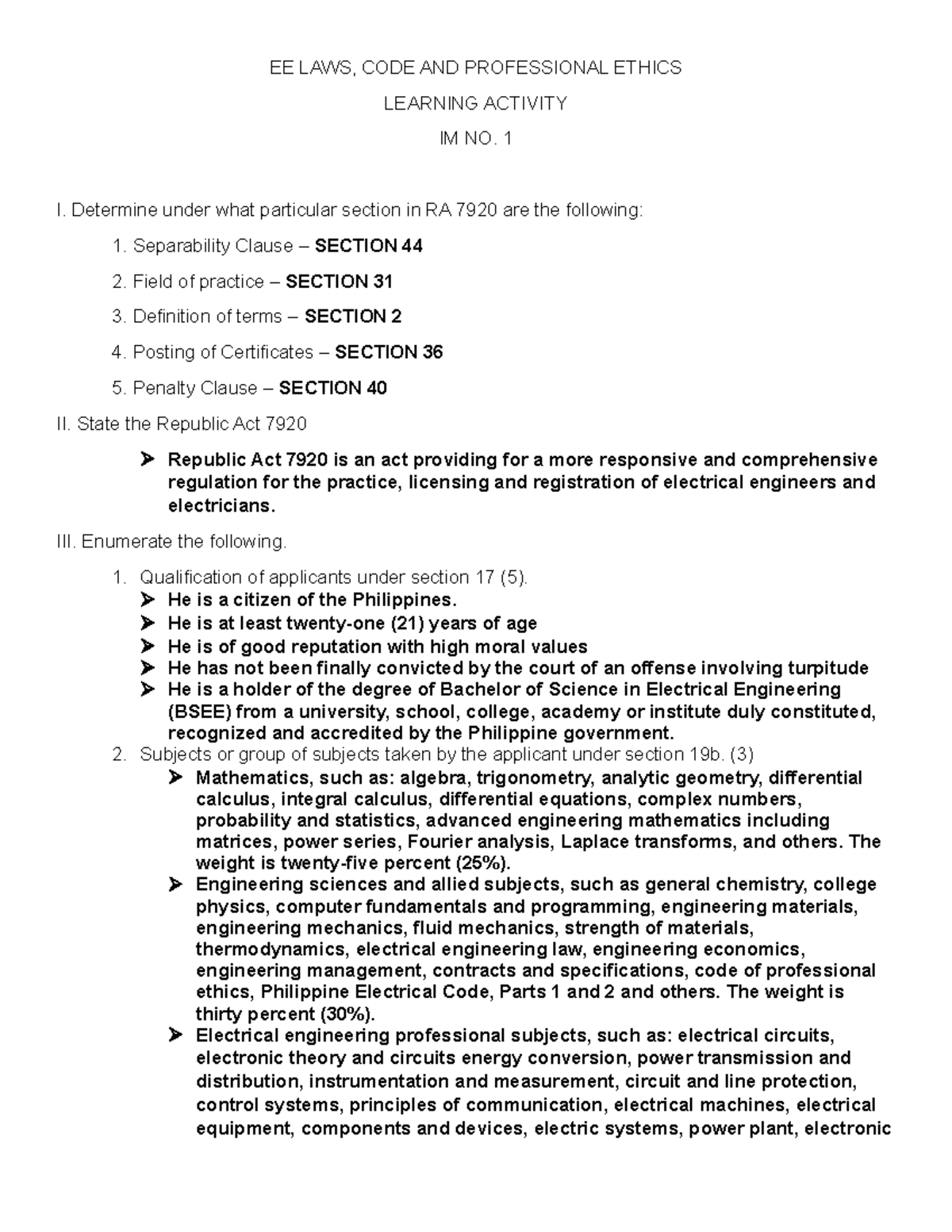EE LAWS,CODE AND Ethics Learning Activity IM NO. 1 - EE LAWS, CODE AND ...