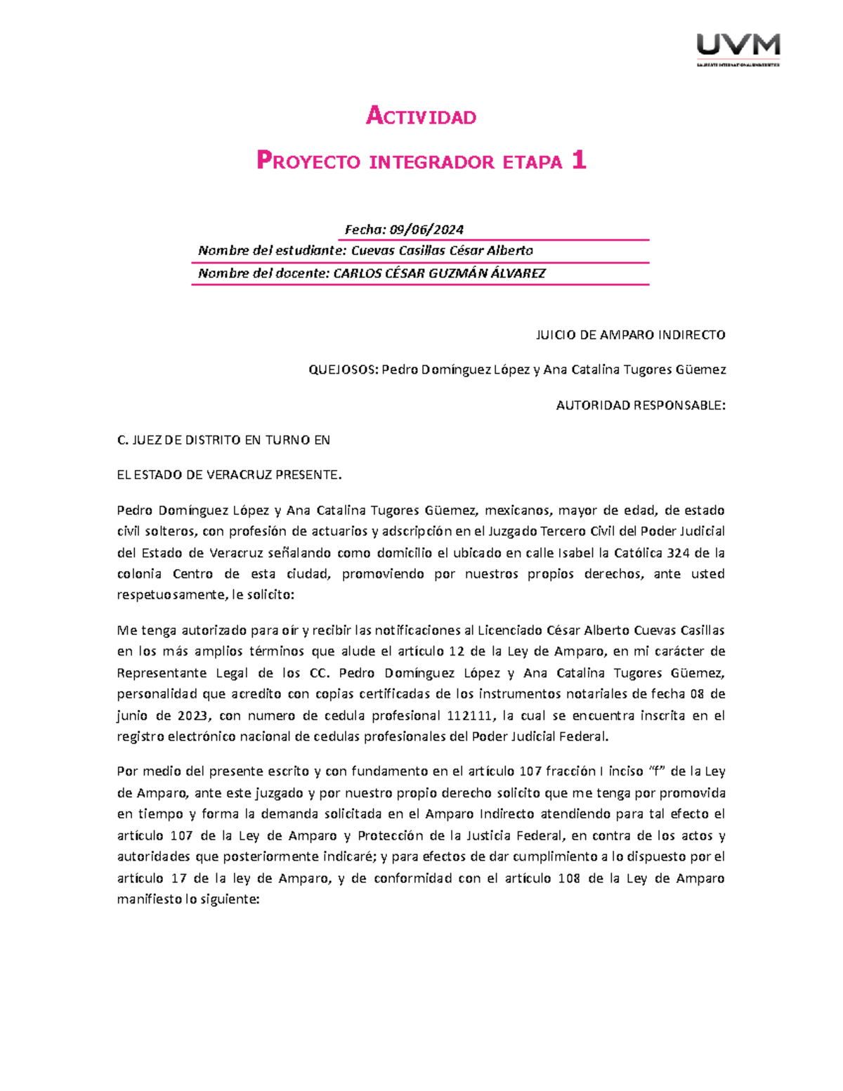 Proyecto Integrador Etapa II - ACTIVIDAD PROYECTO INTEGRADOR ETAPA 1 JUICIO DE AMPARO INDIRECTO ...