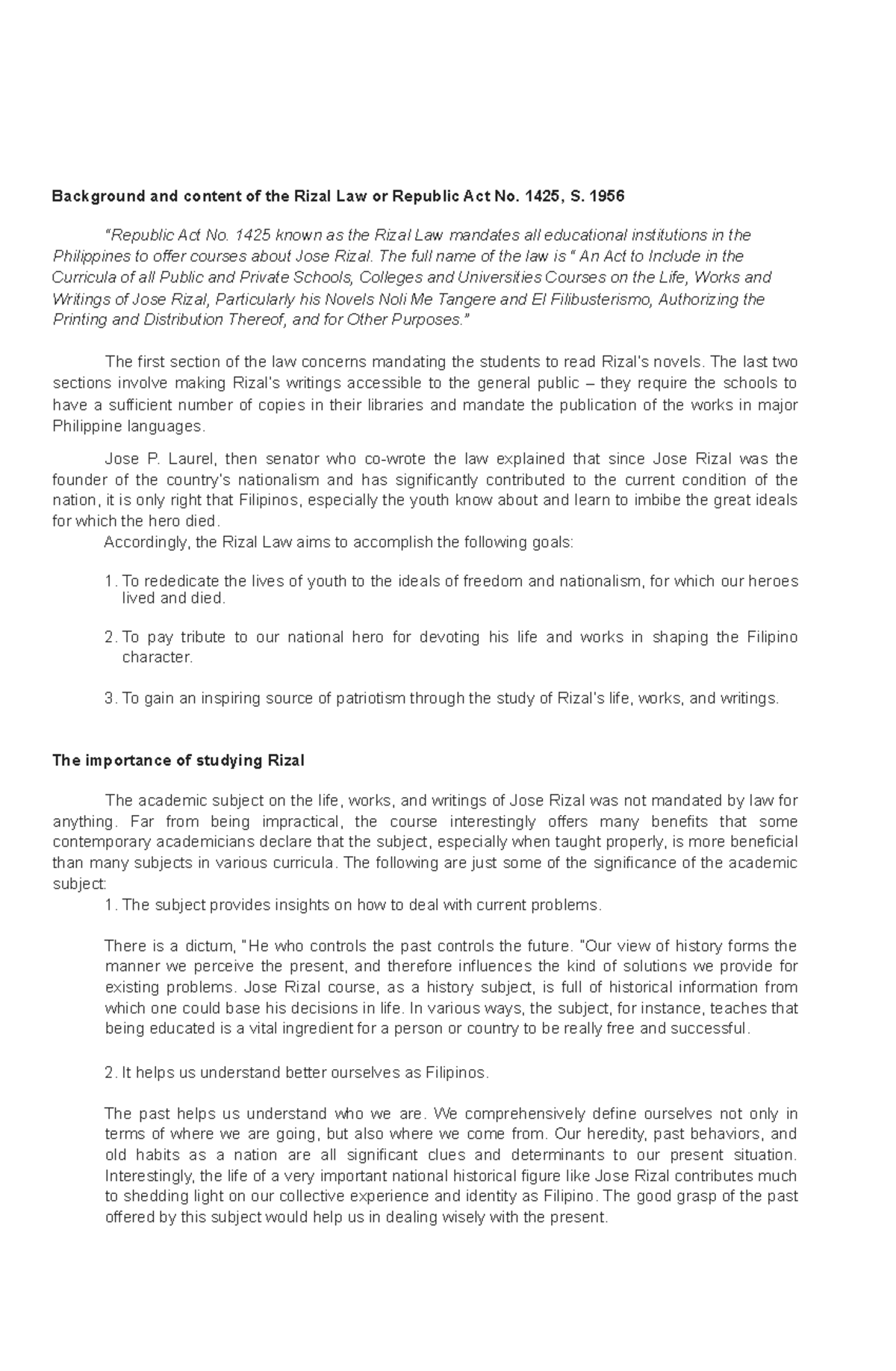 Life and Works of Rizal - Background and content of the Rizal Law or ...