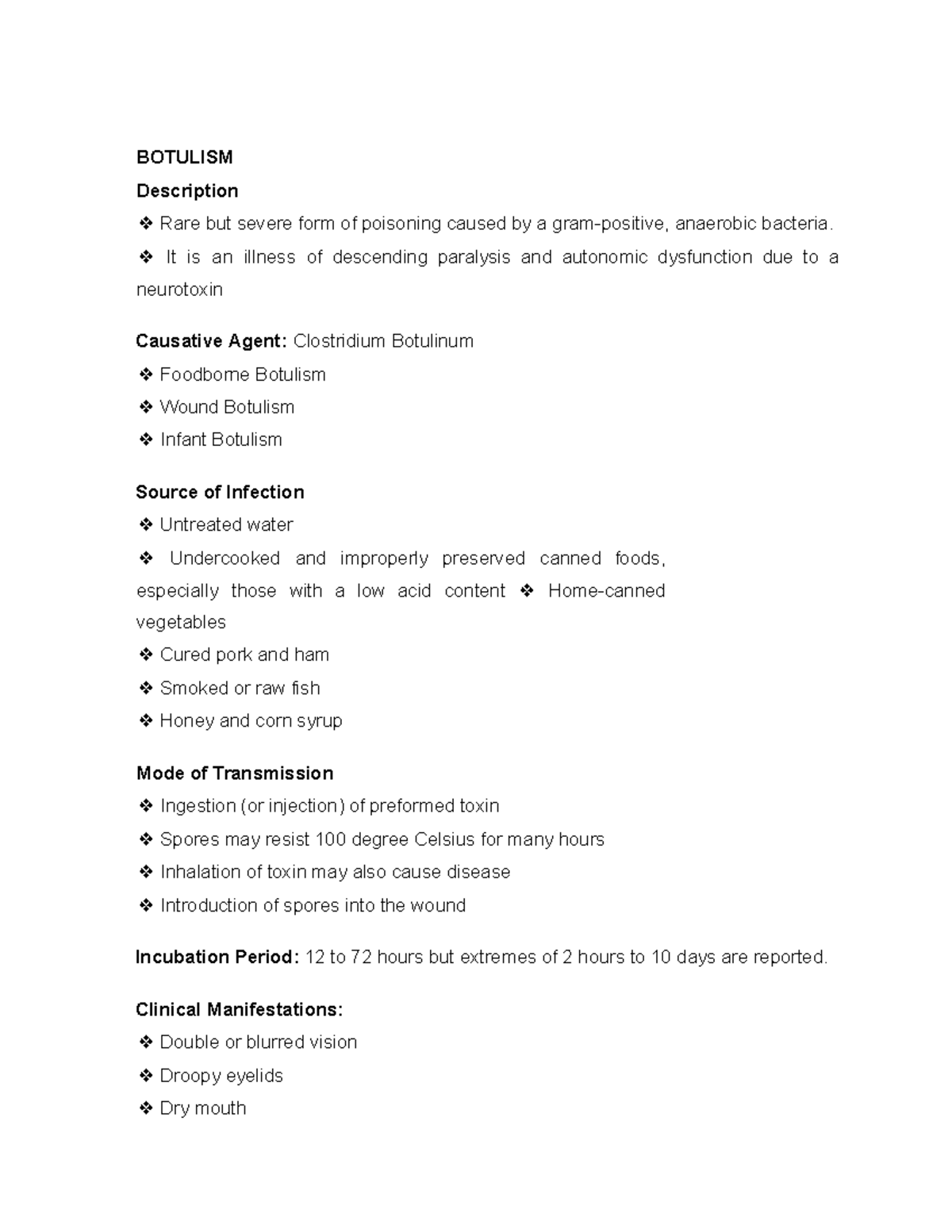 Botulism - NOTES - BOTULISM Description Rare but severe form of ...