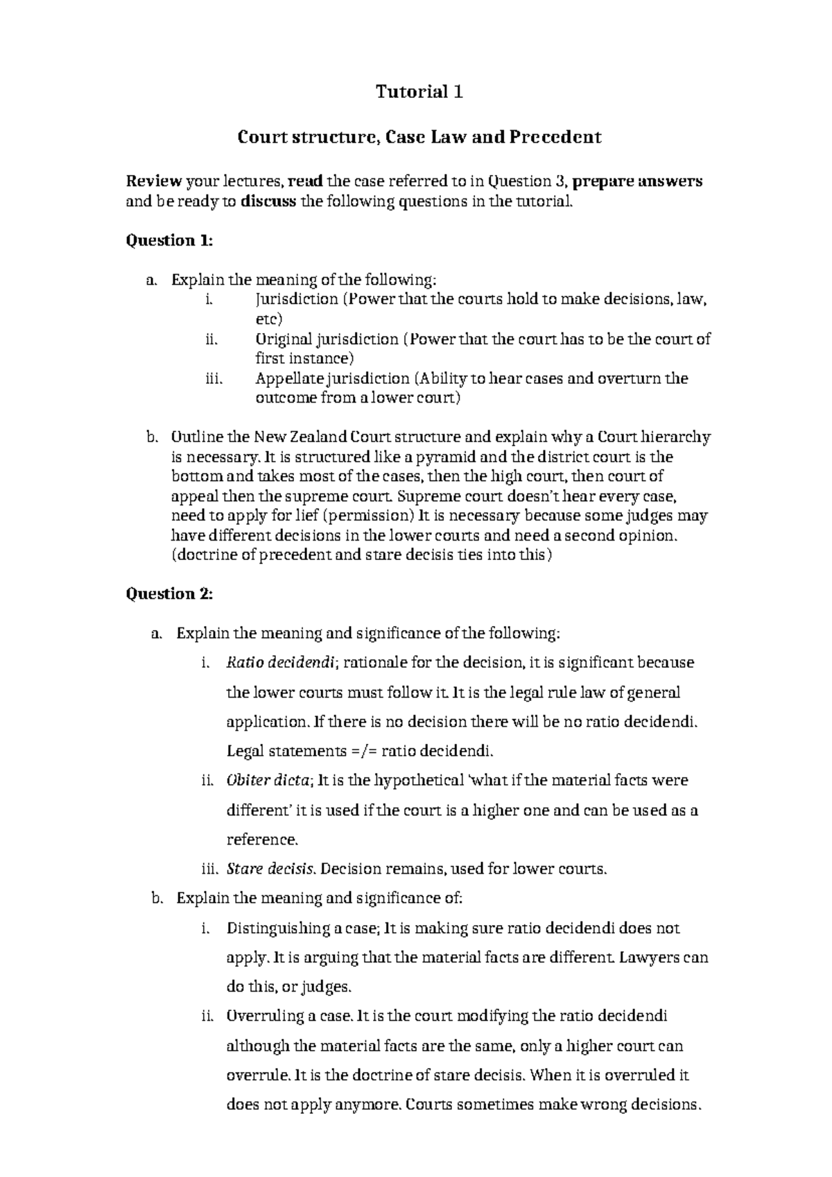 Tutorial 1 Court structure, Case Law and Precedent (2024) - Tutorial 1 ...