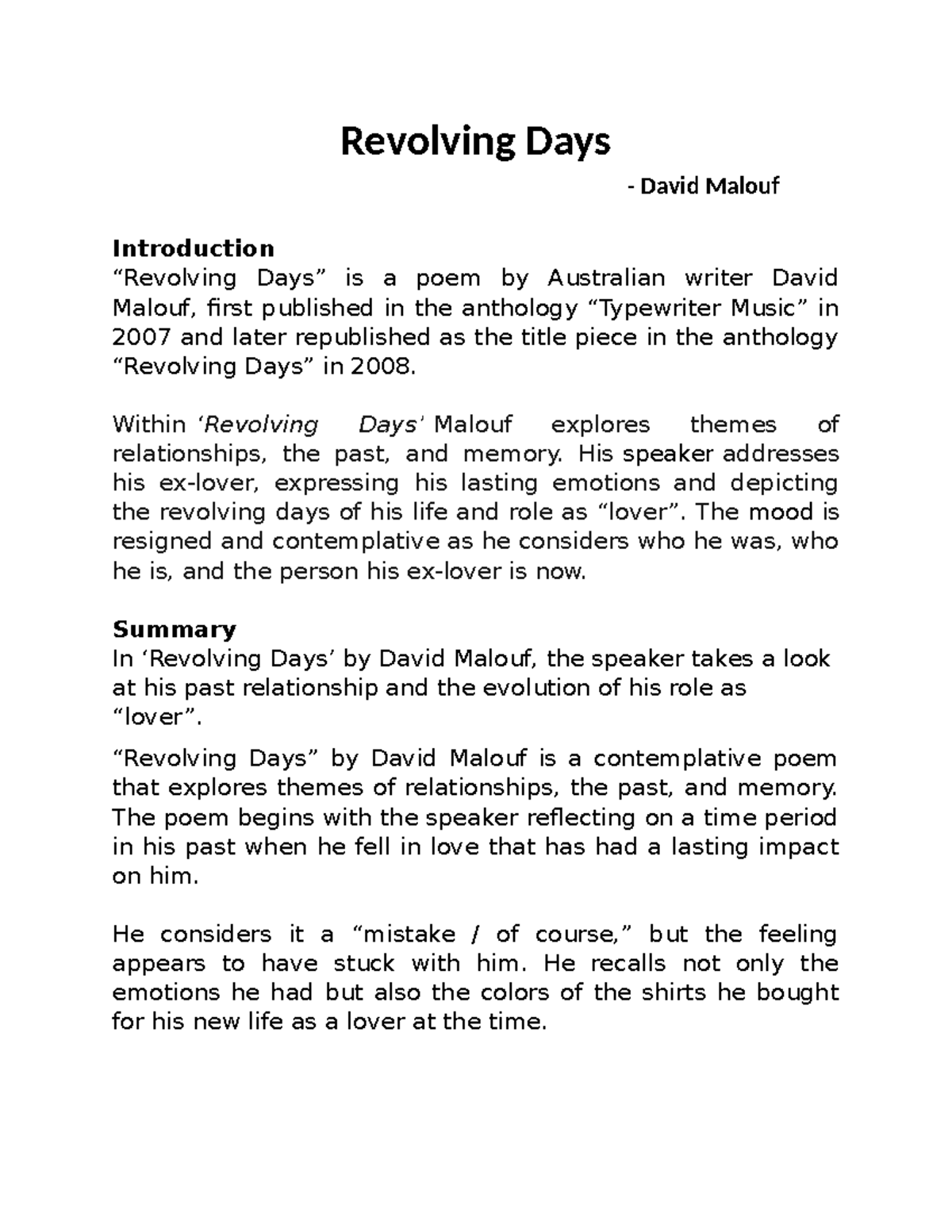 Revolving Days ( Incomplete) - Revolving Days David Malouf Introduction ...