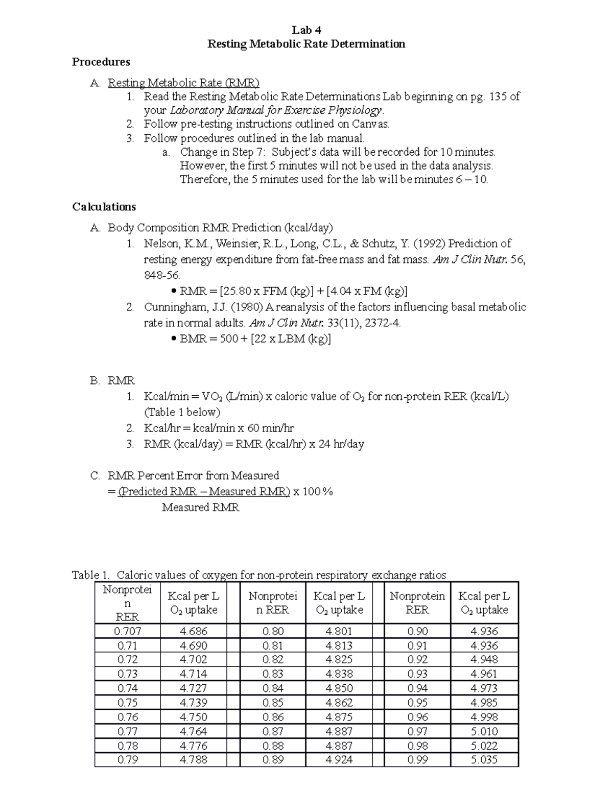Lab 4 - RMR - Resting metabolism lab report - Lab 4 Resting Metabolic ...