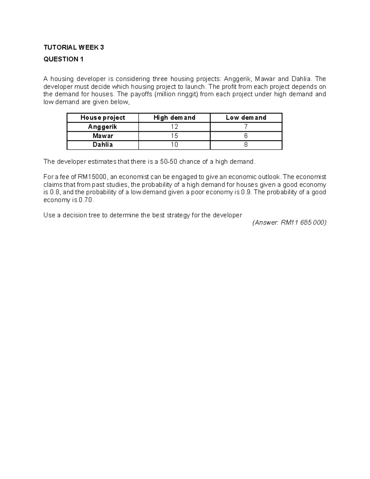 2.2 Tutorial WEEK 3 - edited - TUTORIAL WEEK 3 QUESTION 1 A housing developer is considering ...