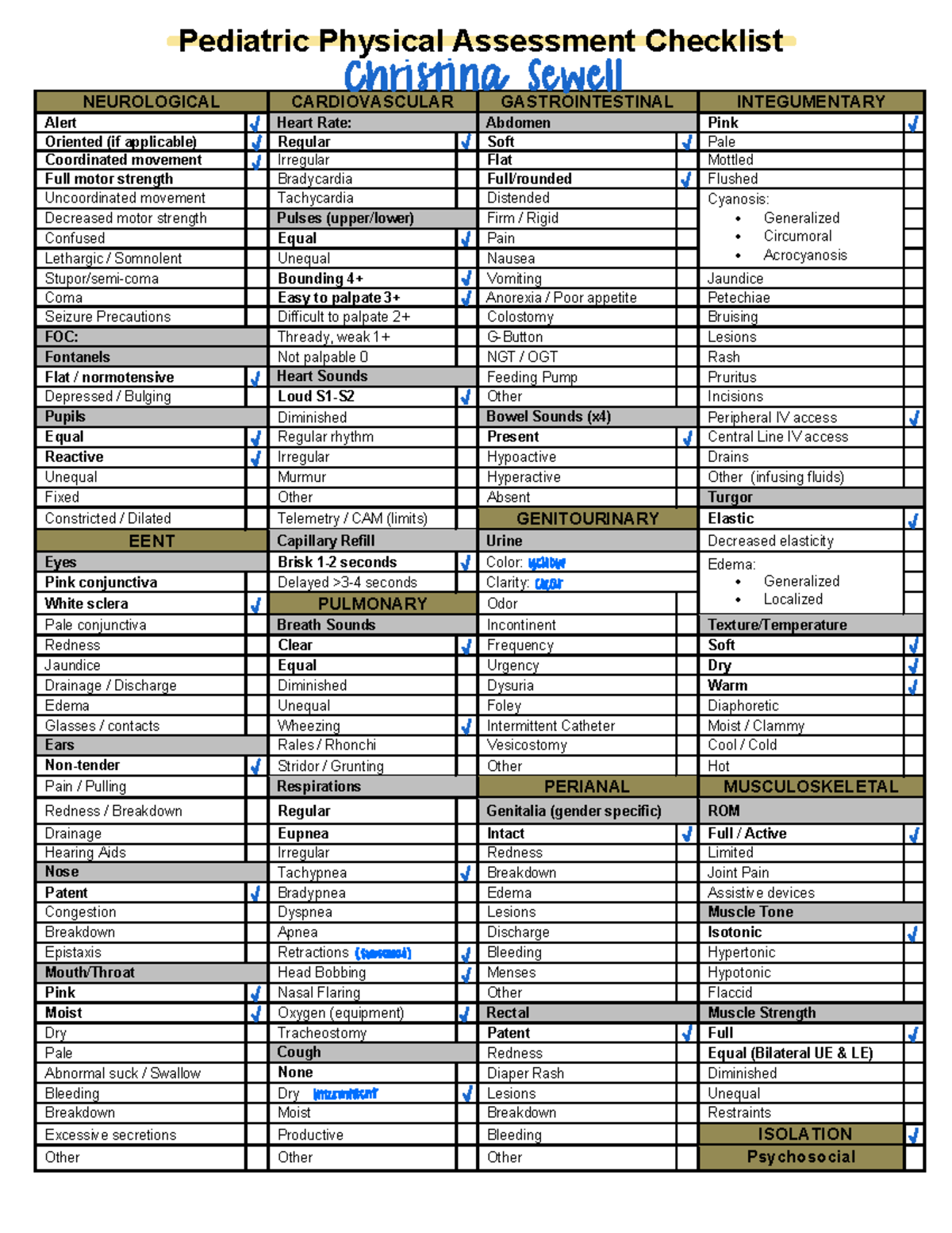 Narrative 2 - Assessment - Pediatric Physical Assessment Checklist ...