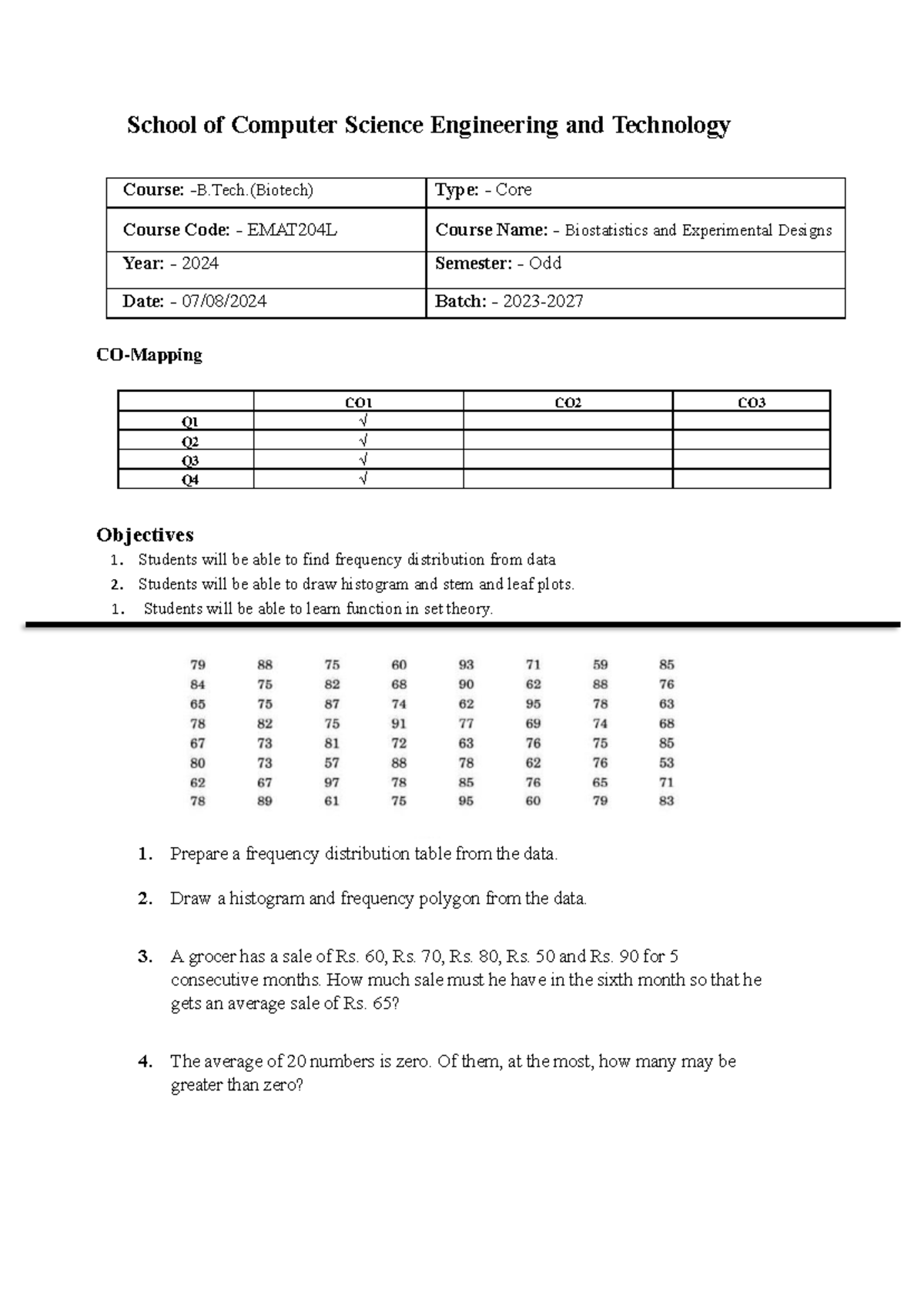 Tutorial 1 - Abcd - School of Computer Science Engineering and Technology Course: - B.(Biotech ...