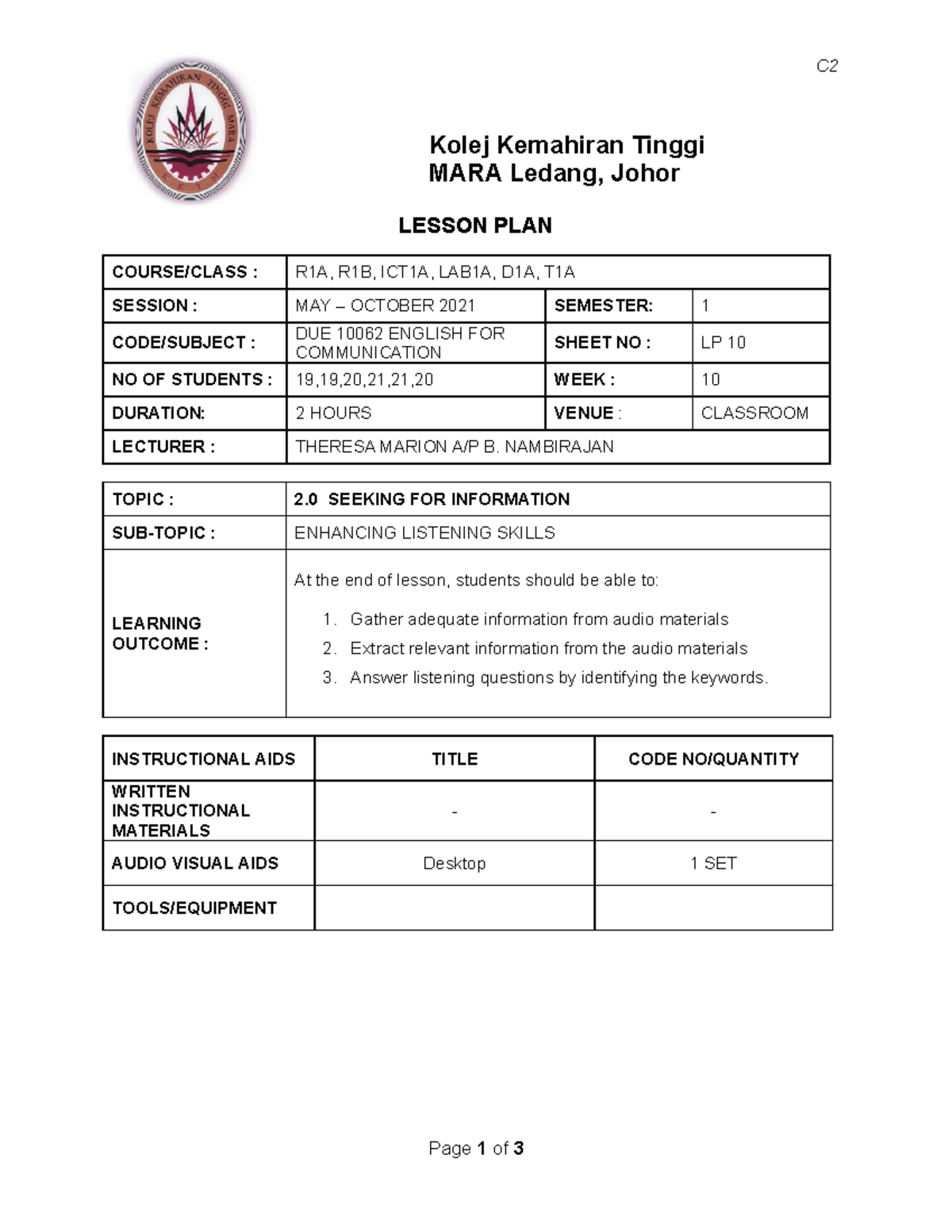 LP Listening Skills - C Kolej Kemahiran Tinggi MARA Ledang, Johor ...