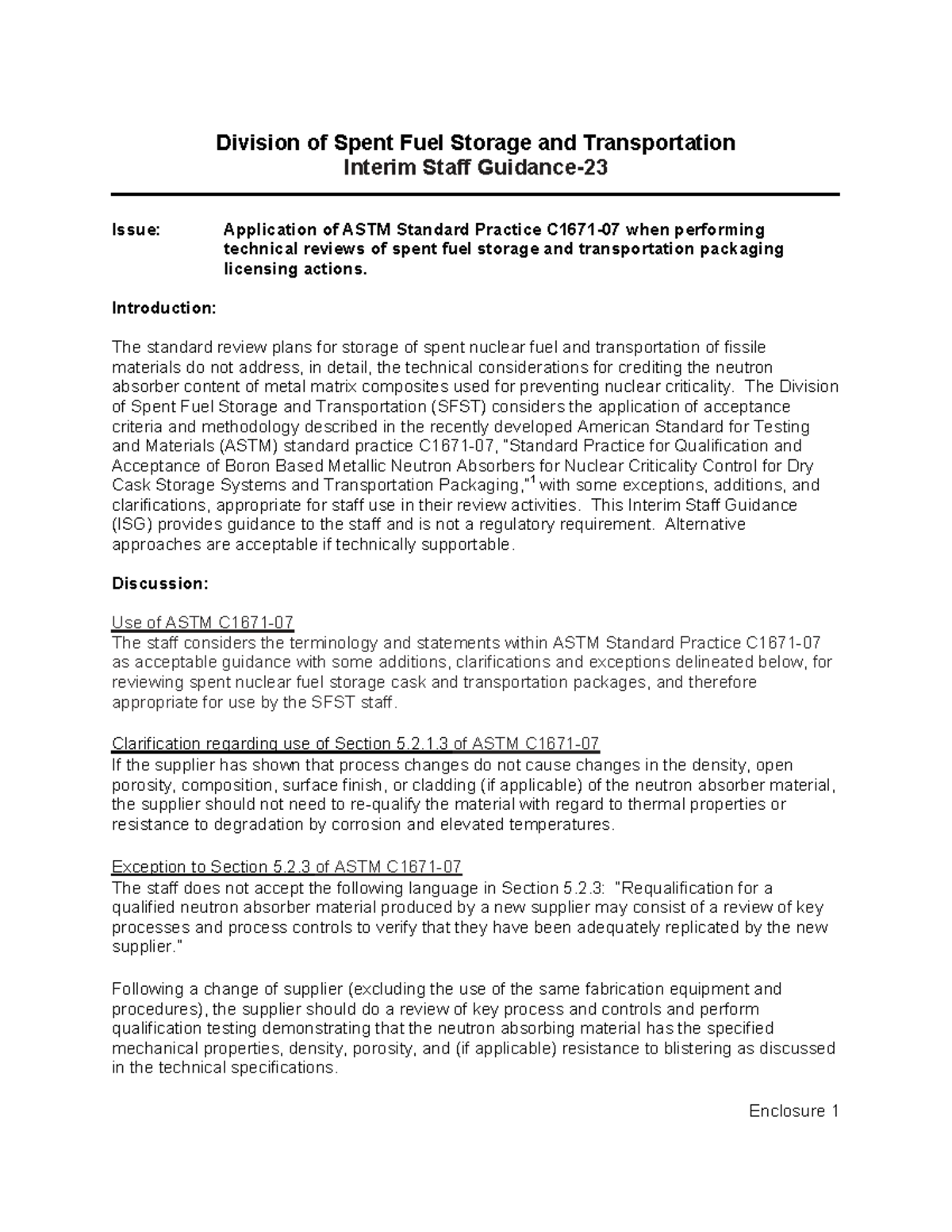 SFST-ISG-23, R0-2011 Application of ASTM C1671-07 when technical ...