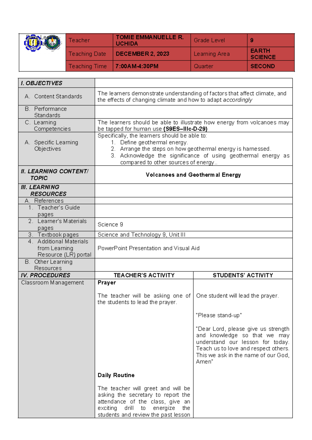 G10 Lesson 9 DLP-1 - Daily Lesson Plan Teacher TOMIE EMMANUELLE R ...