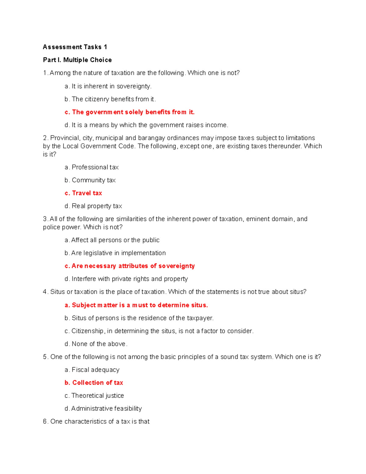 TAX1 - Assessment Tasks - Assessment Tasks 1 Part I. Multiple Choice ...