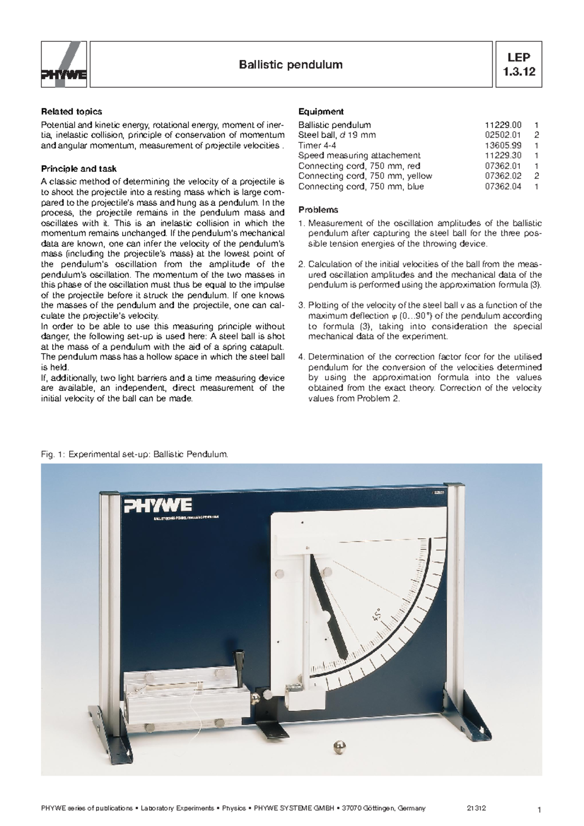 Ballistic Experiment - LEP 1. Ballistic pendulum R PHYWE series of publications • Laboratory ...