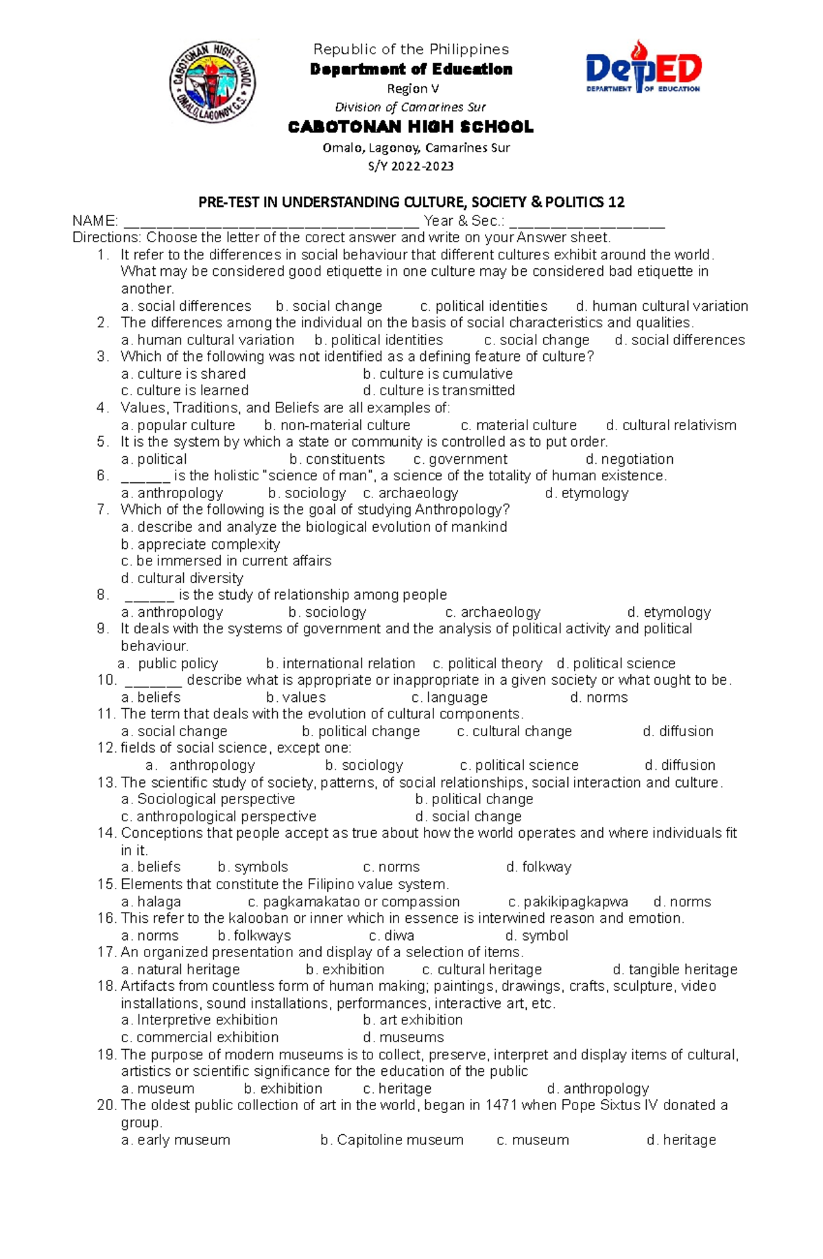 Pre Test Ucsp Final Lecture Notes Department Of Education Region V Division Of Camarines Sur 