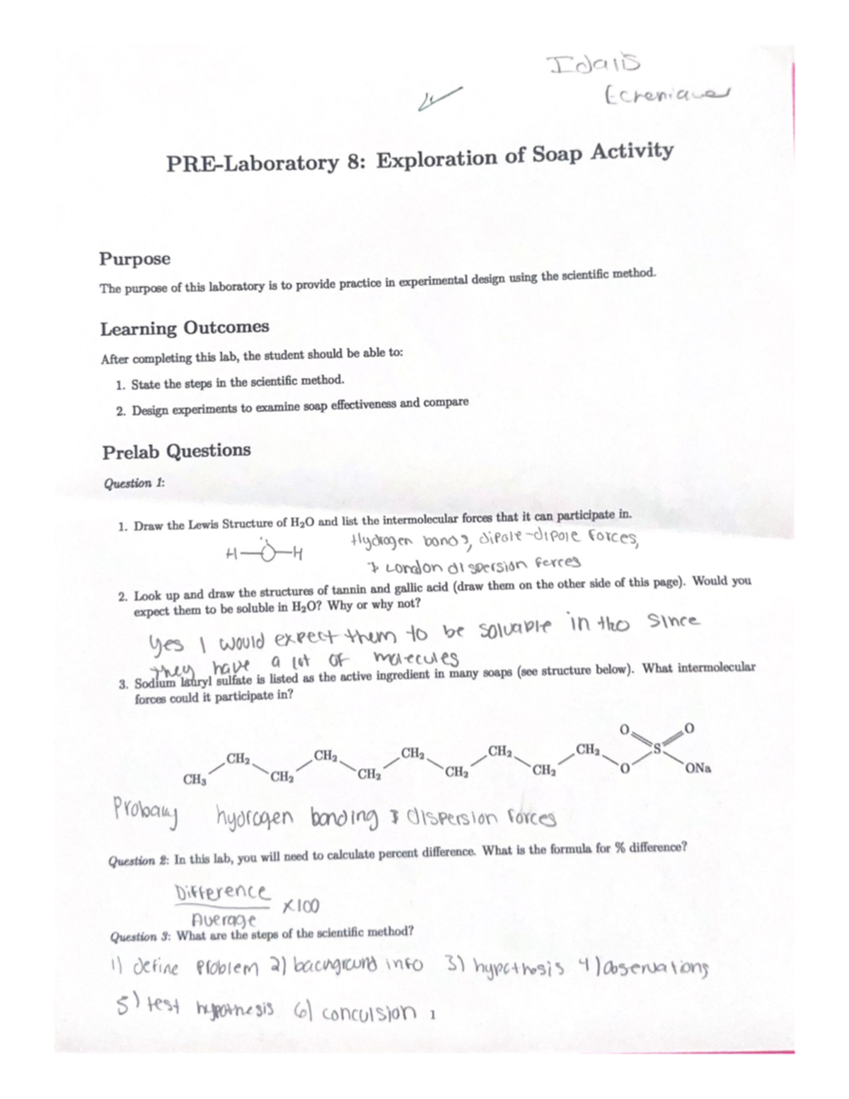PRE-Laboratory 8 Exploration of Soap Activity - CHE-2212 - Studocu