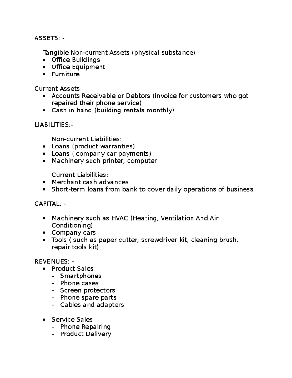 Account Outline Assignment 1 - ASSETS: - Tangible Non-current Assets ...