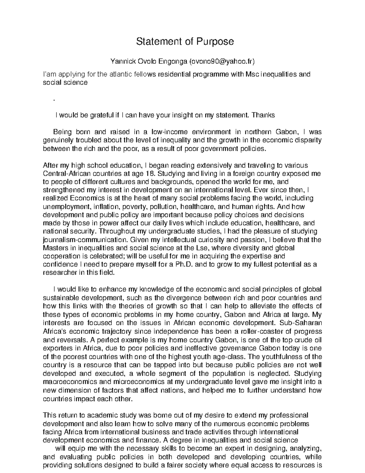 Statement of purpose LSE - Statement of Purpose Yannick Ovolo Engonga ...