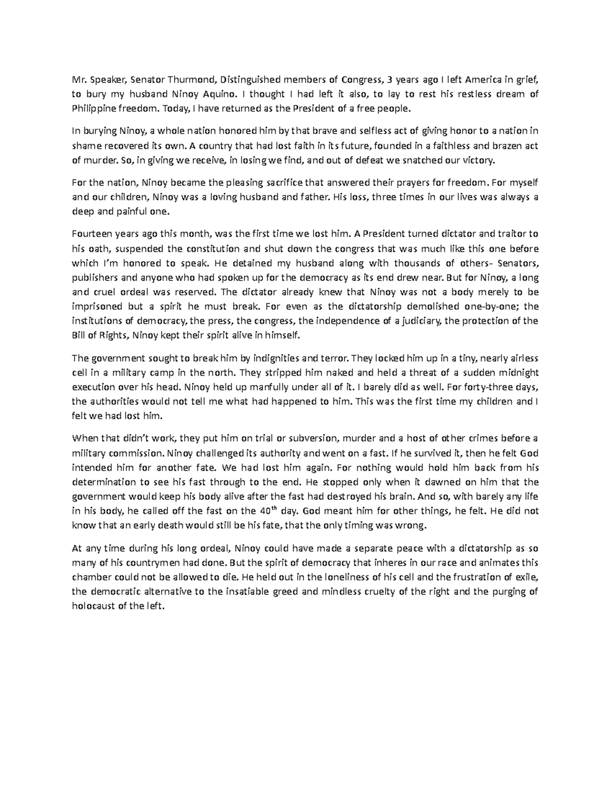 1st part cory speech - Mr. Speaker, Senator Thurmond, Distinguished ...