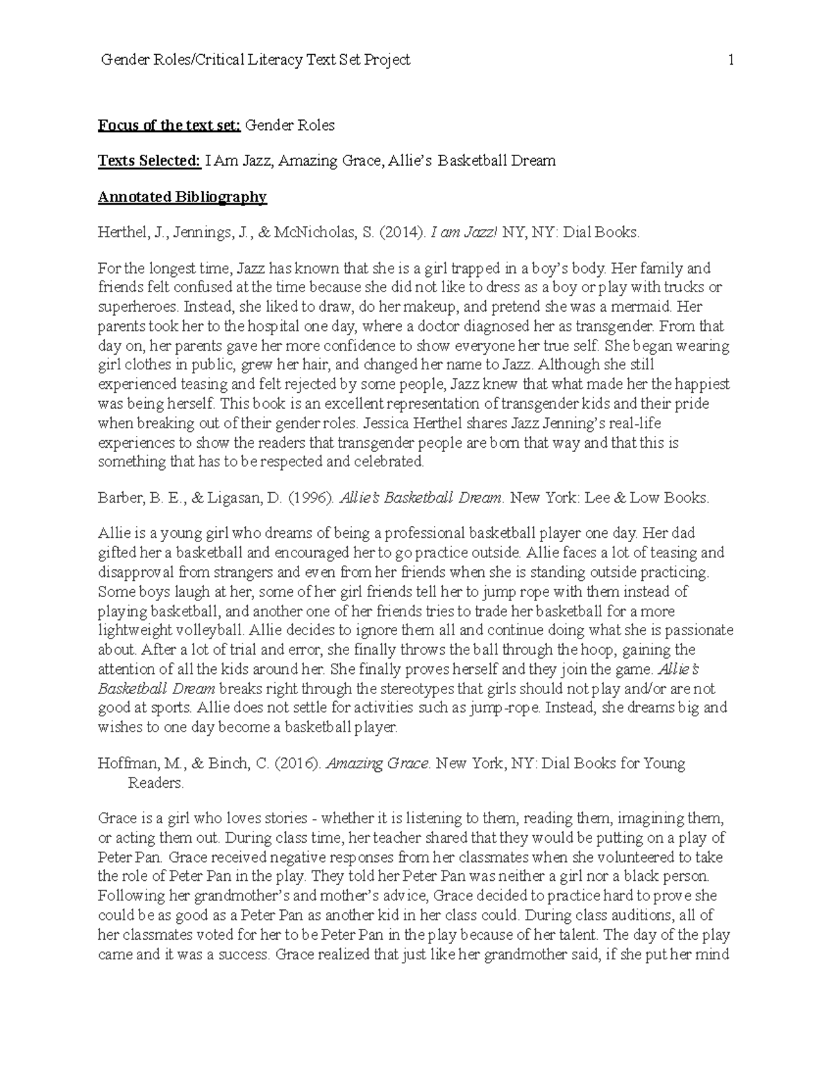 Gender Roles/Critical Literacy Text Set Project - Focus of the text set ...