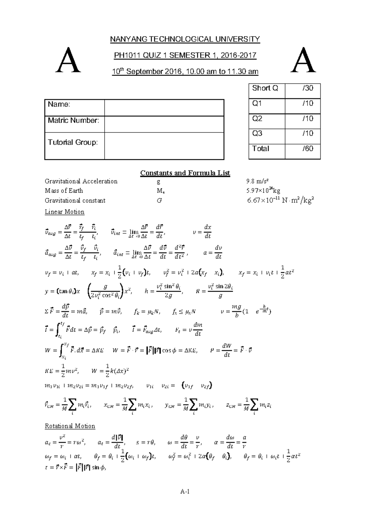 Quiz 1A - 2016-2017 - fgggh - NANYANG TECHNOLOGICAL UNIVERSITY PH1011 ...