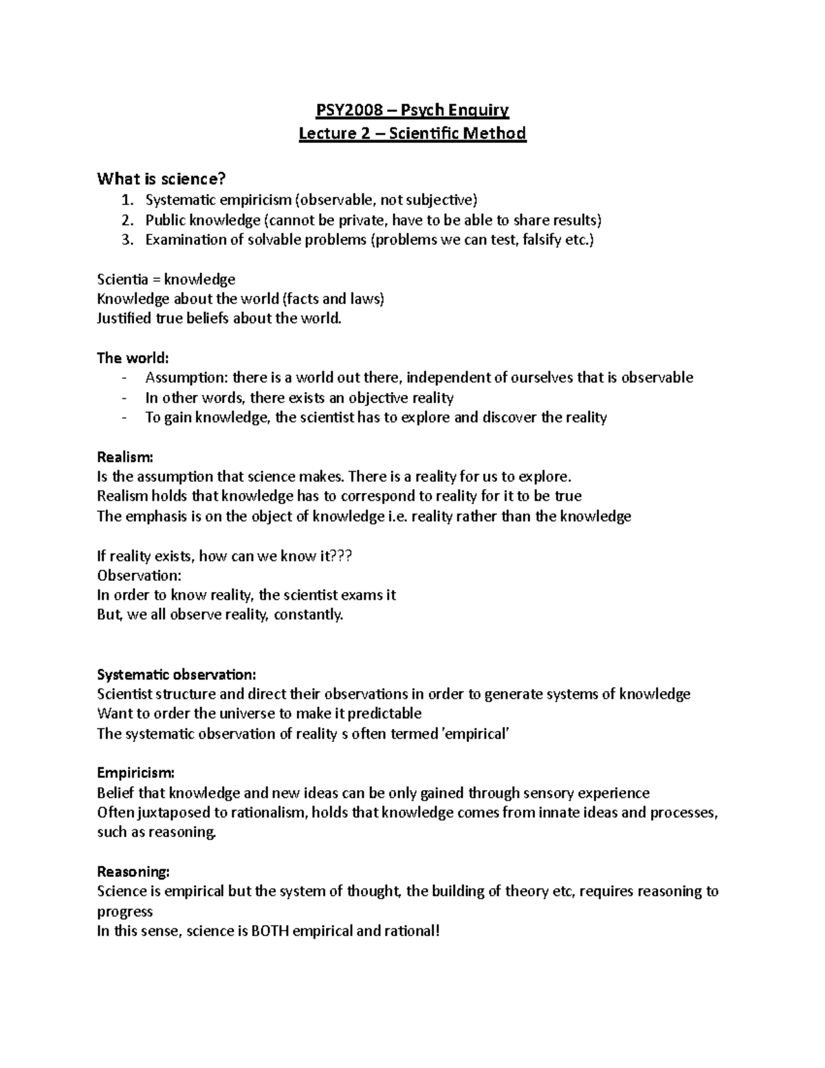 Lecture 2 - scientific method - PSY2008 – Psych Enquiry Lecture 2 ...