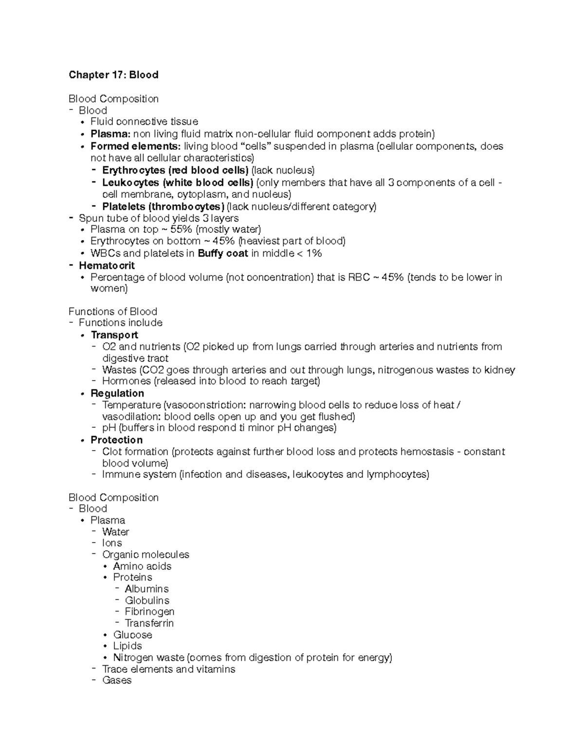 A&P 2 test 1 study guide - Chapter 17: Blood Blood Composition - Blood ...
