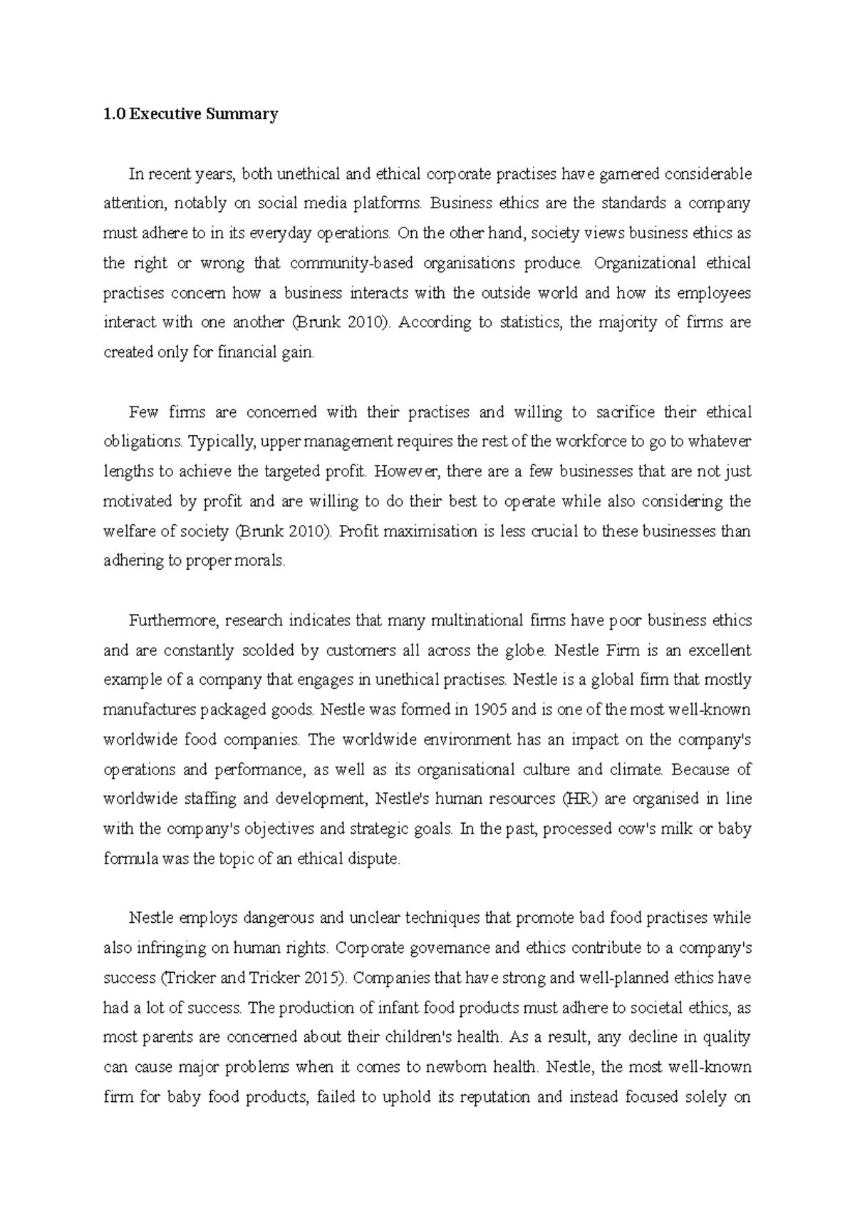 Management ethics executive summary of company ethical and ...