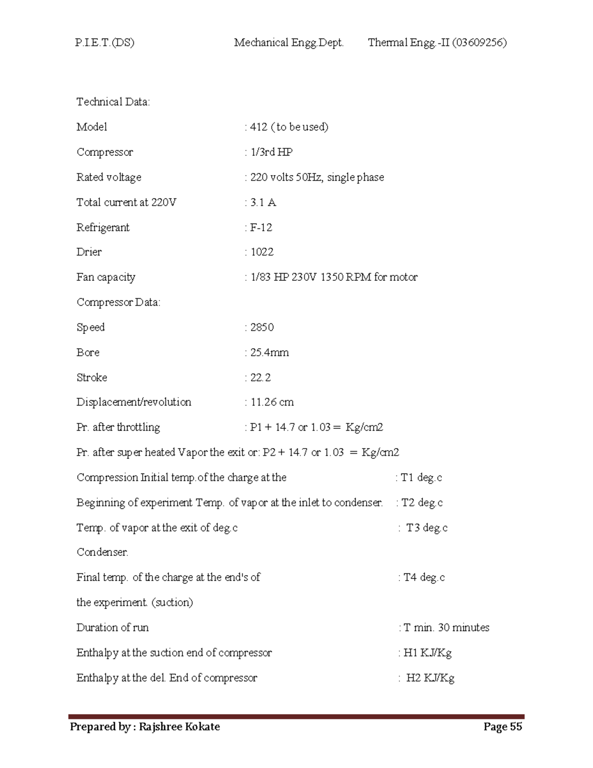 Thermal Engg.-II Lab Manual - Technical Data: Model : 412 ( to be used) Compressor : 1/3rd HP ...