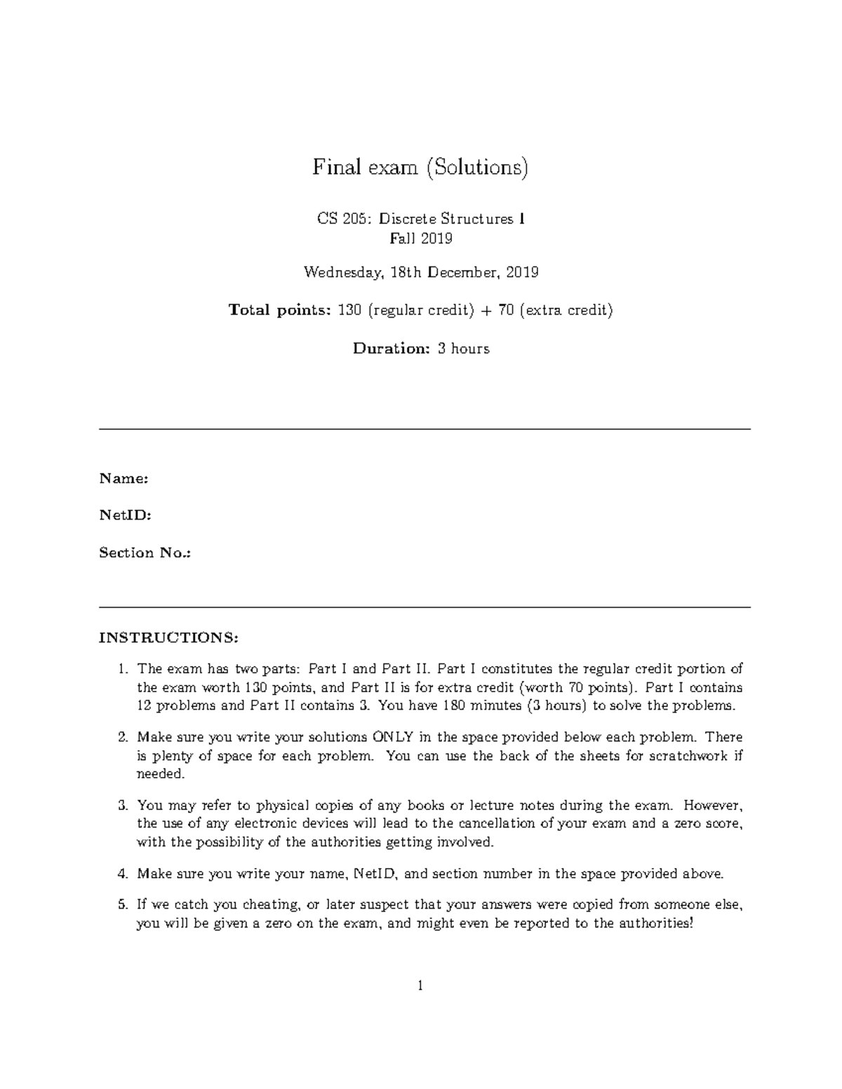Final Exam Practice - Fall2019 - Final exam (Solutions) CS 205: Discrete Structures I Fall 2019 ...