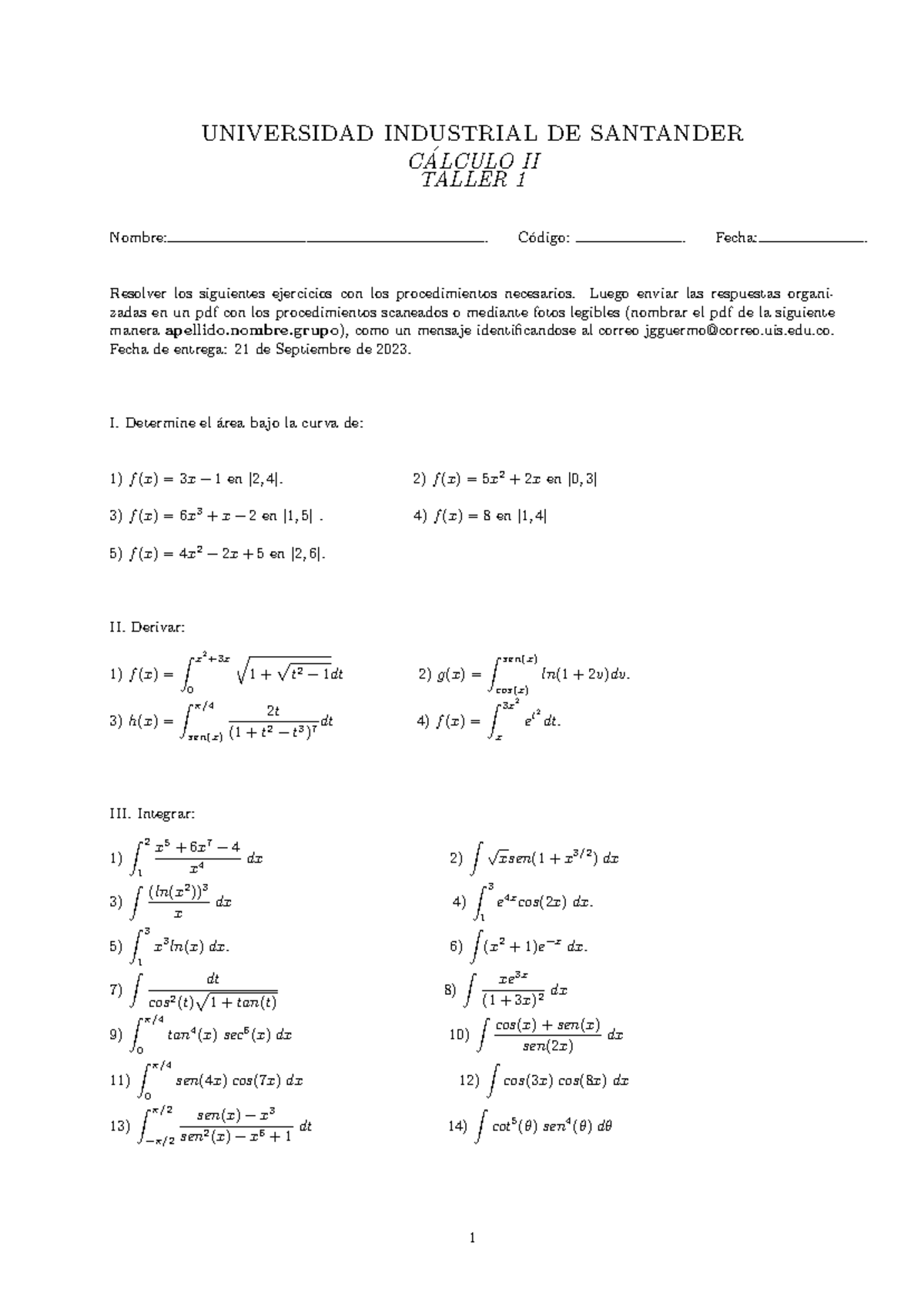 Taller de Calculo Integral - Calculo Ii - UIS - Studocu