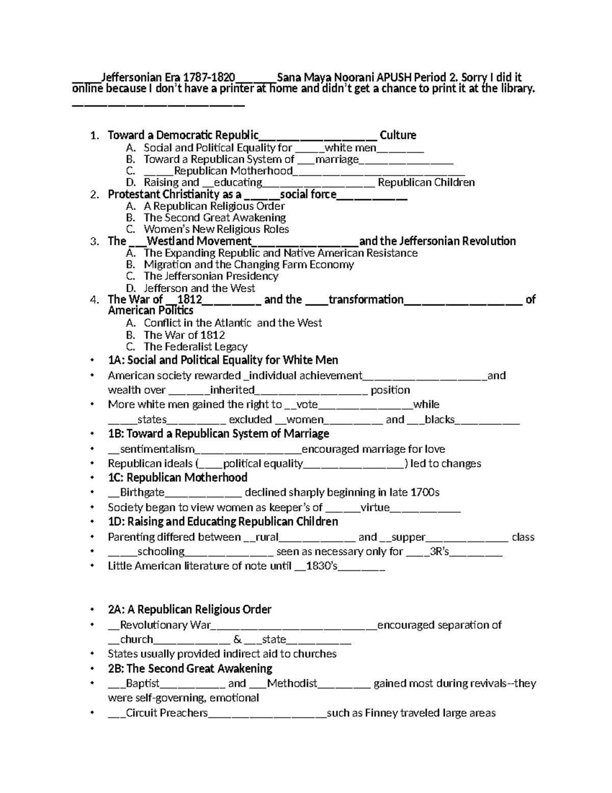 Chp 7 fill in notes 1 - _____Jeffersonian Era 1787-1820_______Sana Maya ...
