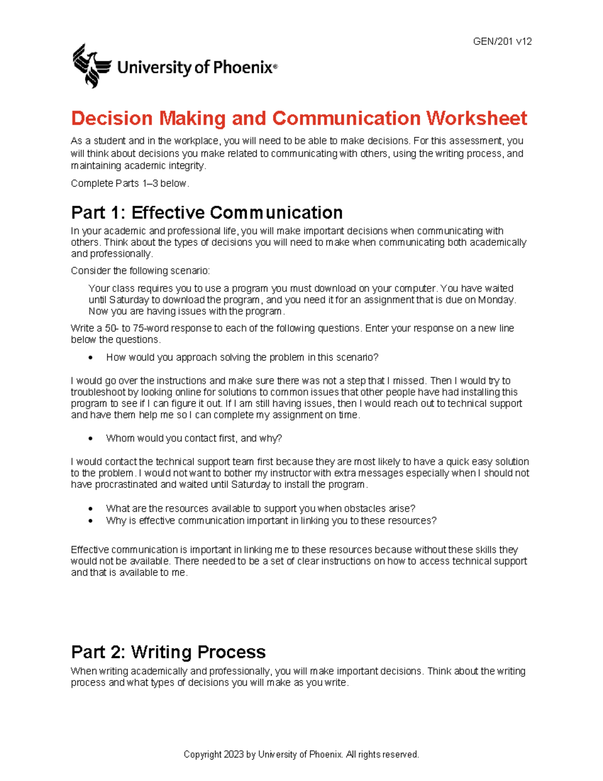 decision making and communication worksheet - GEN/201 v Decision Making ...