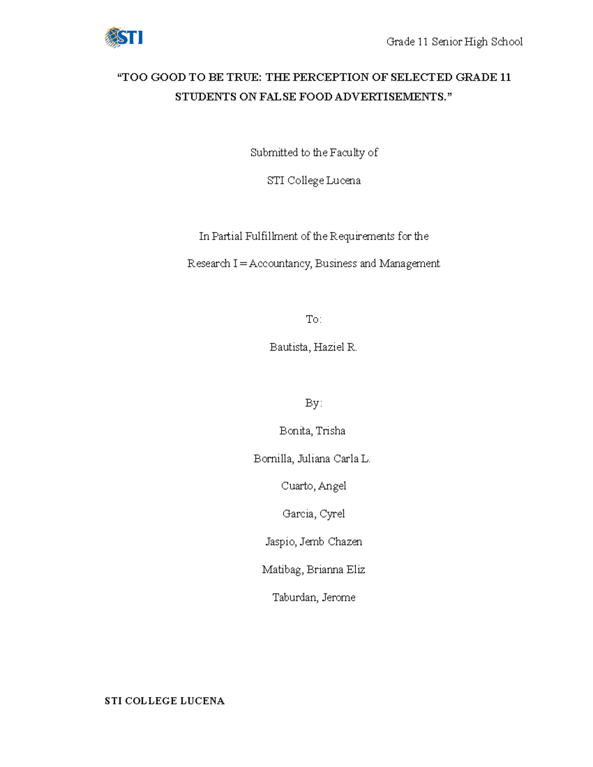 1 - CHAPTER 1 - “TOO GOOD TO BE TRUE: THE PERCEPTION OF SELECTED GRADE ...
