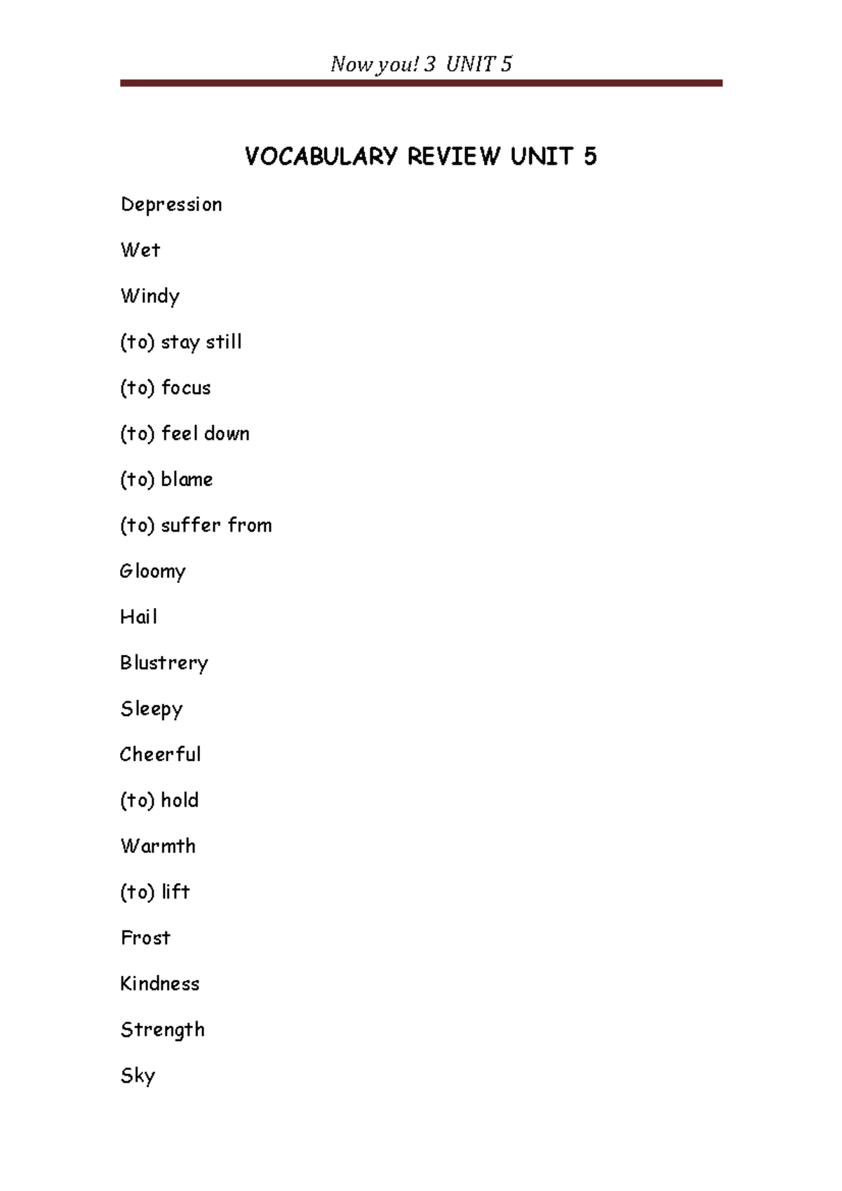 Vocabulary Review UNIT 5 - VOCABULARY REVIEW UNIT 5 Depression Wet ...