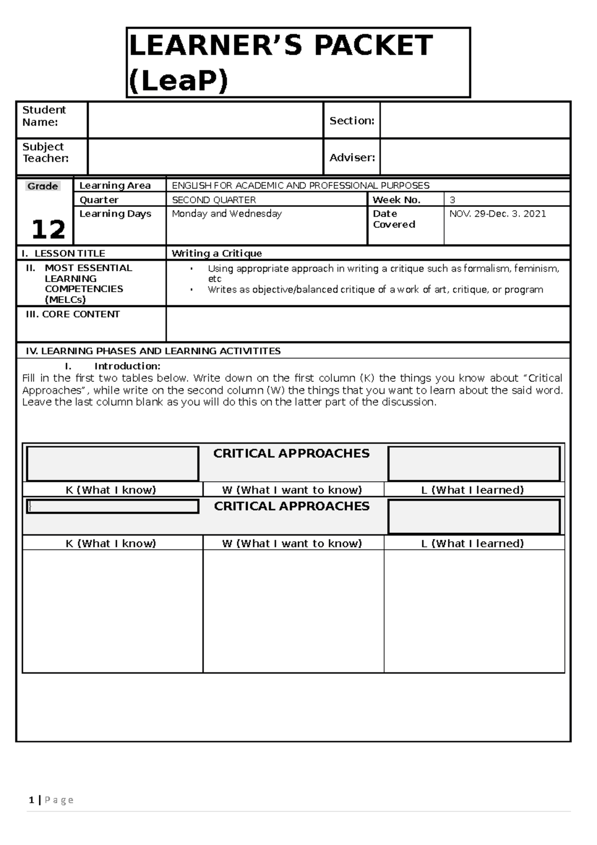 EAPP Week3 week 4 week 5 week 6 week 7 week 8 - LEARNER’S PACKET (LeaP ...