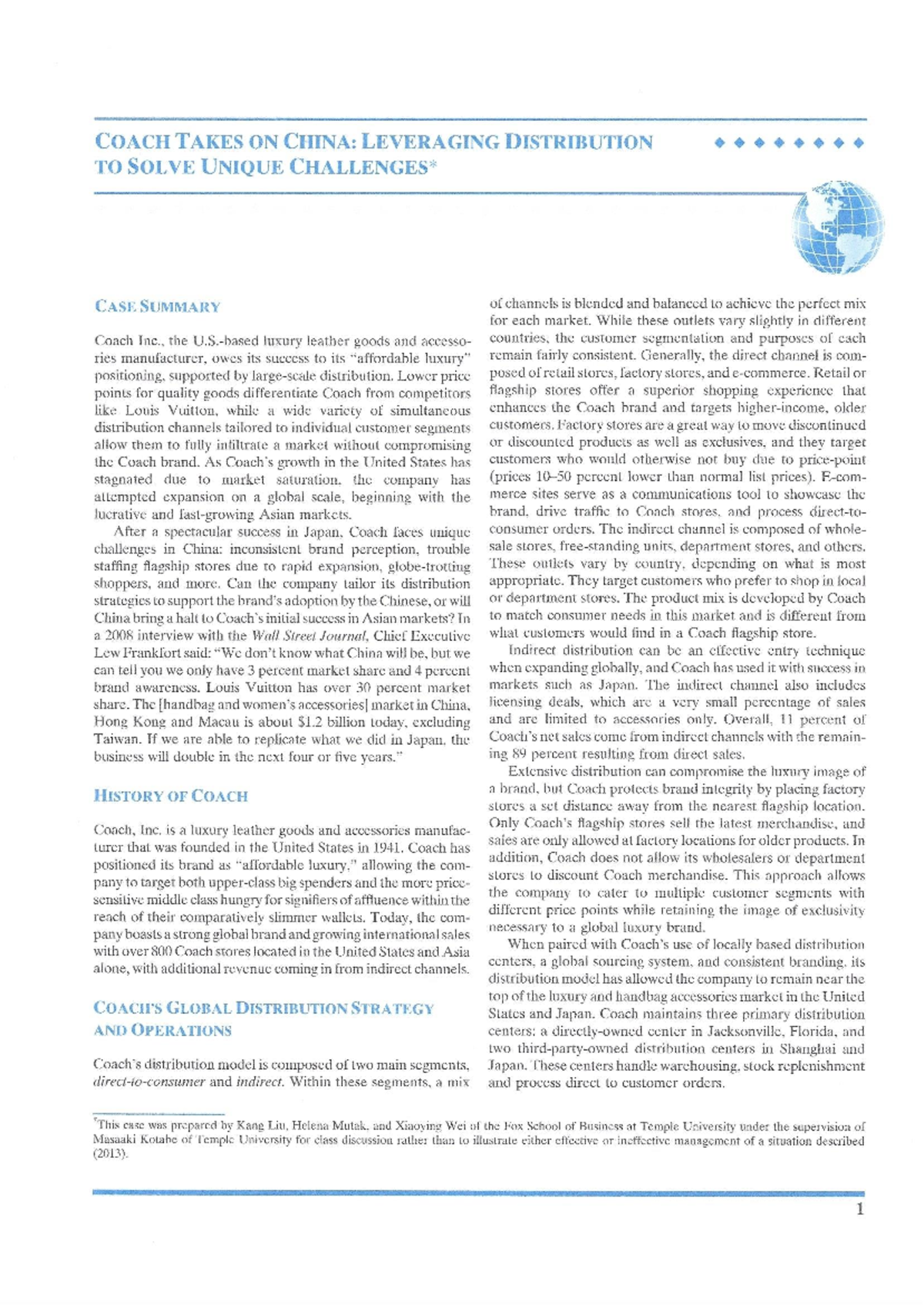 Coach - case - COACH TAKES ON CHINA: LEVERAGING DISTRIBUTION TO SOLVE ...