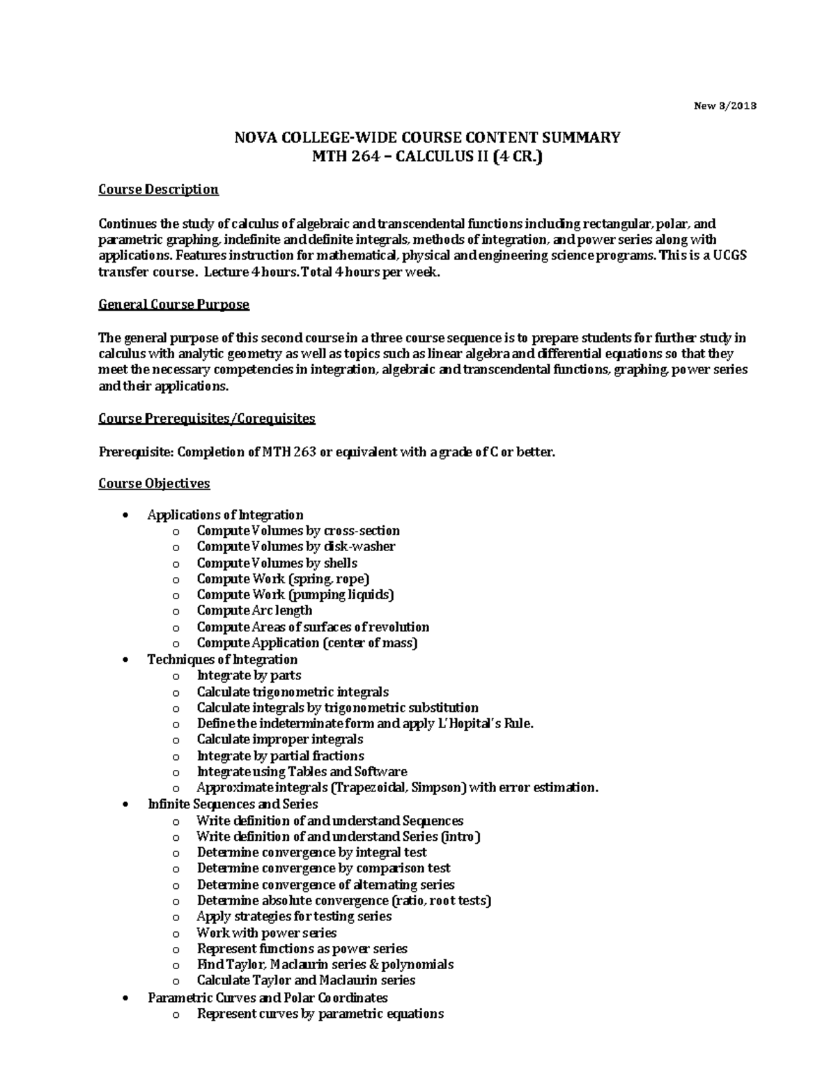 MTH264 - Syllabus - New 8/ NOVA COLLEGE-WIDE COURSE CONTENT SUMMARY MTH ...