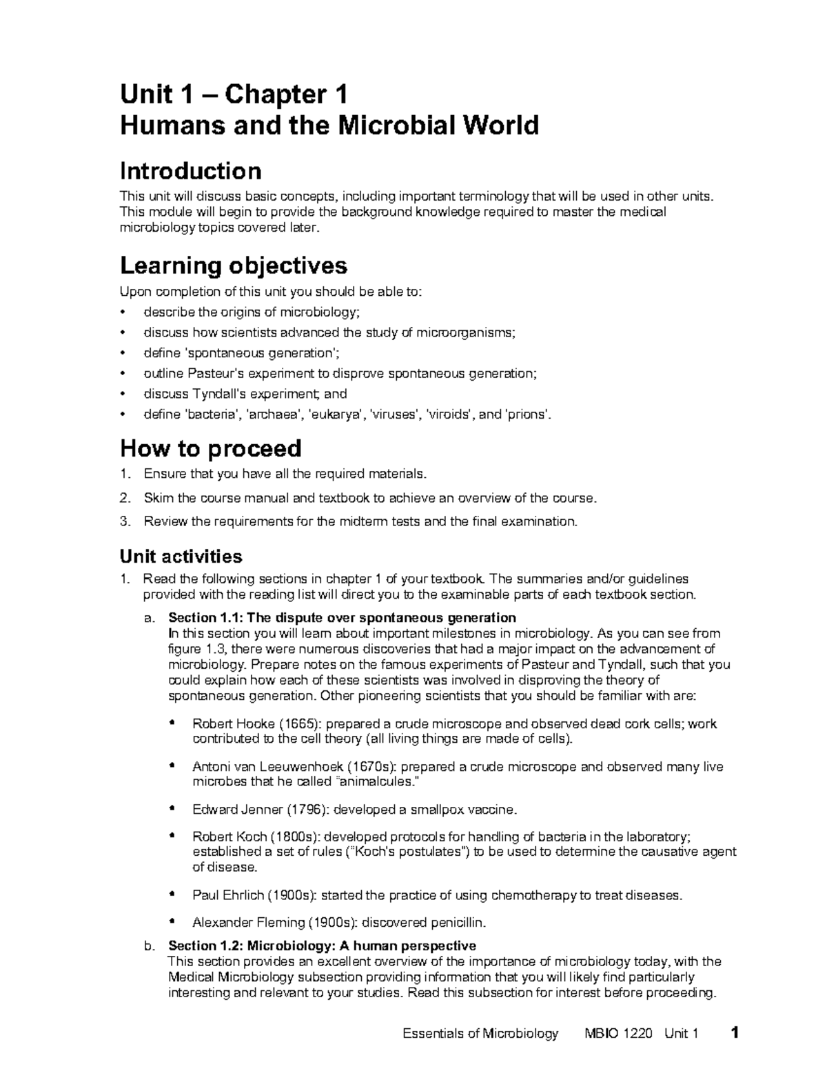Unit1 9th ed - hand notes 1 - Essentials of Microbiology MBIO 1220 Unit ...