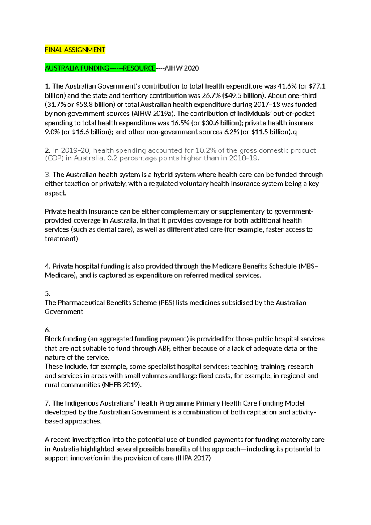 Final Assignment Notes - FINAL ASSIGNMENT AUSTRALIA FUNDING-RESOURCE ...