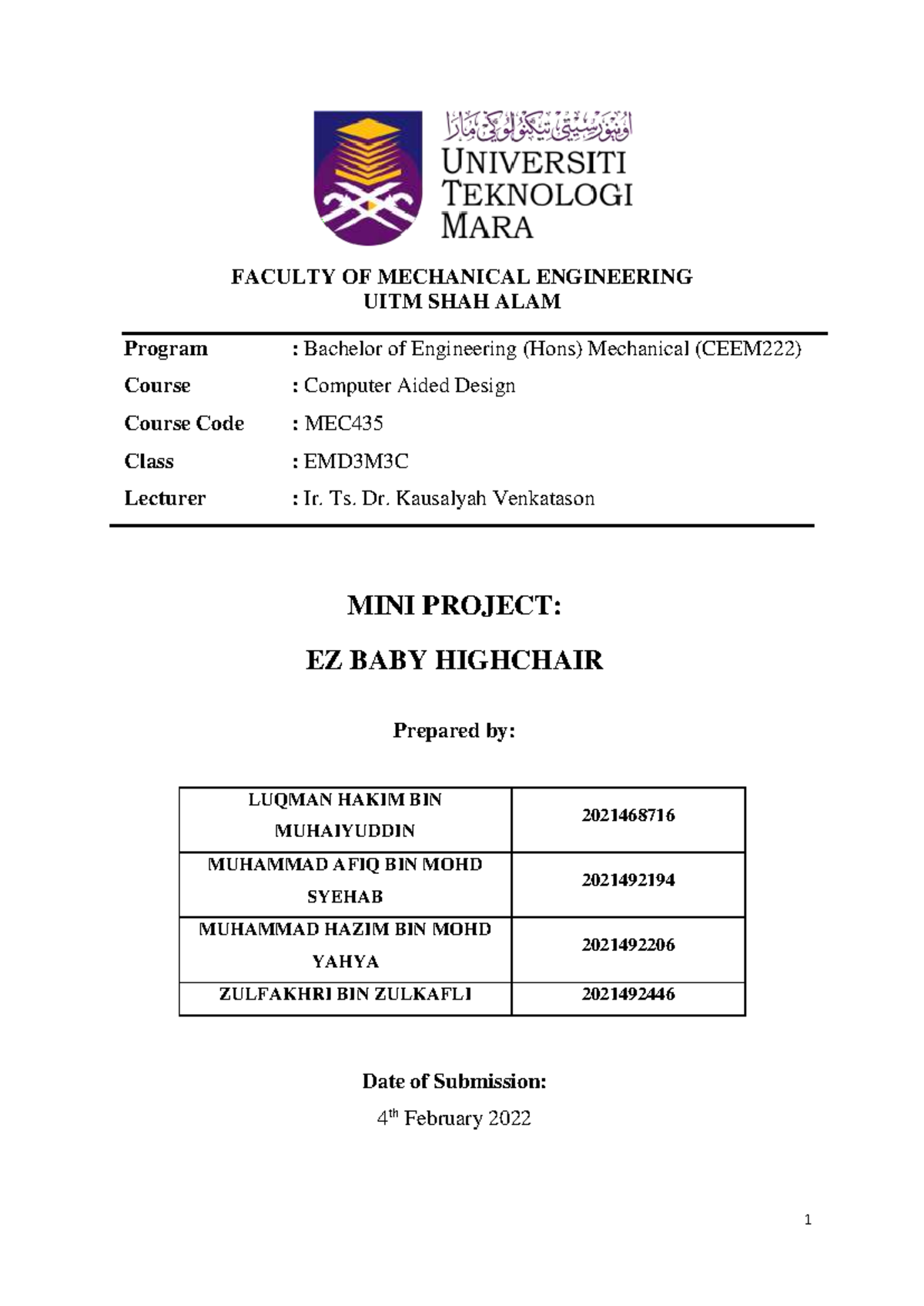 MINI Project - EZ BABY Chair FULL Report - FACULTY OF MECHANICAL ...