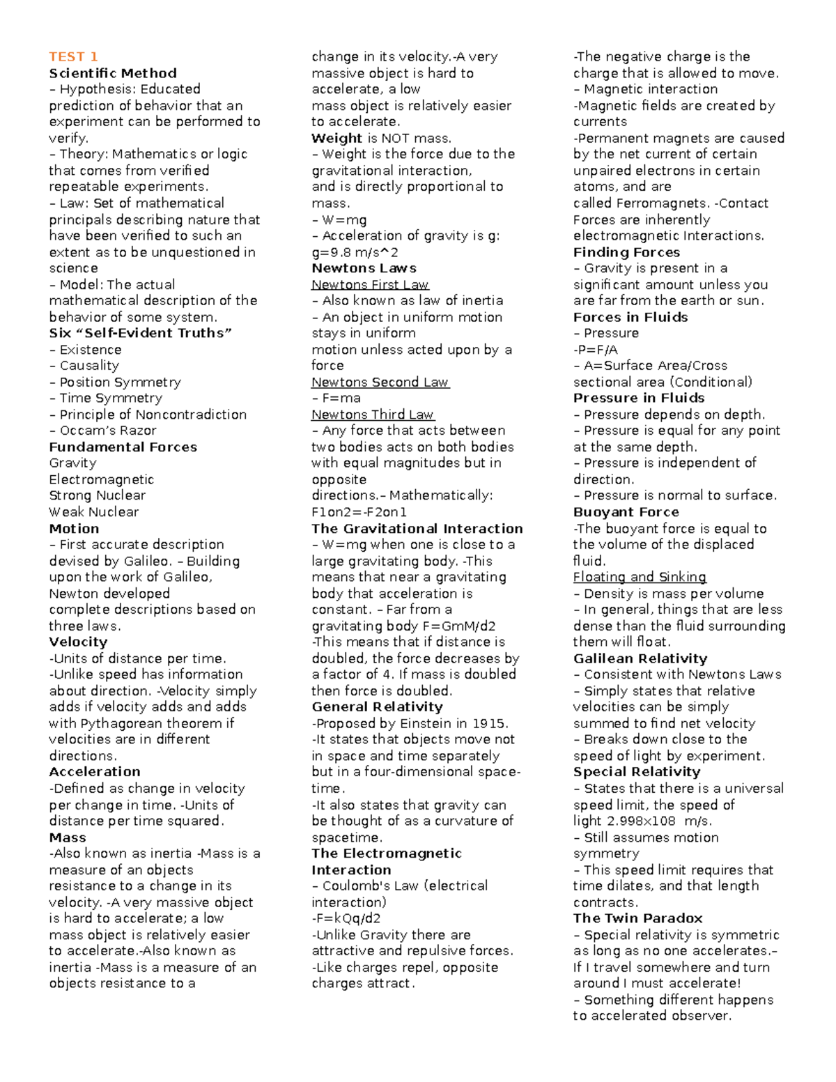Final Cheat Sheet - Summary Survey of Physical Science - TEST 1 ...