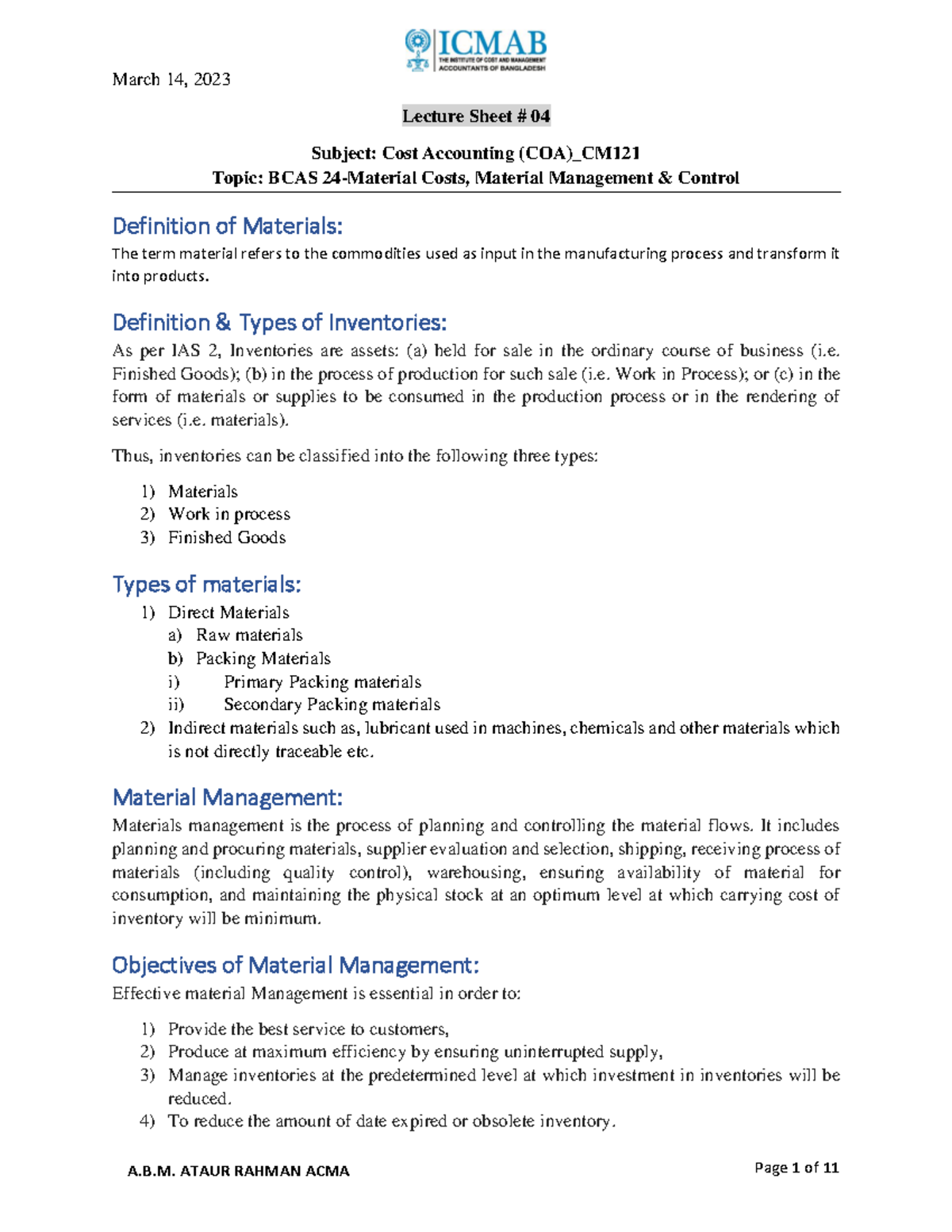 COA Lecture Sheet - March 14, 2023 Lecture Sheet # 04 Subject: Cost ...