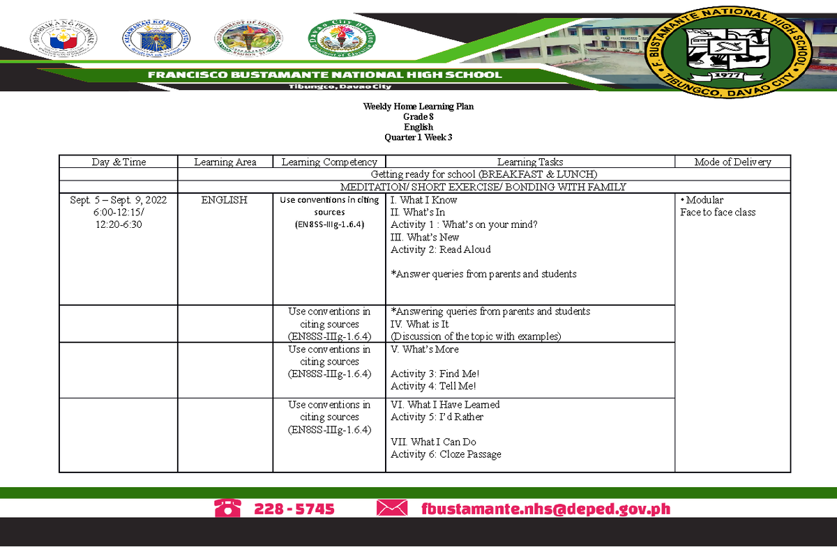 G8 English 8 WEEK PLAN Q1W3 - Weekly Home Learning Plan Grade 8 English ...